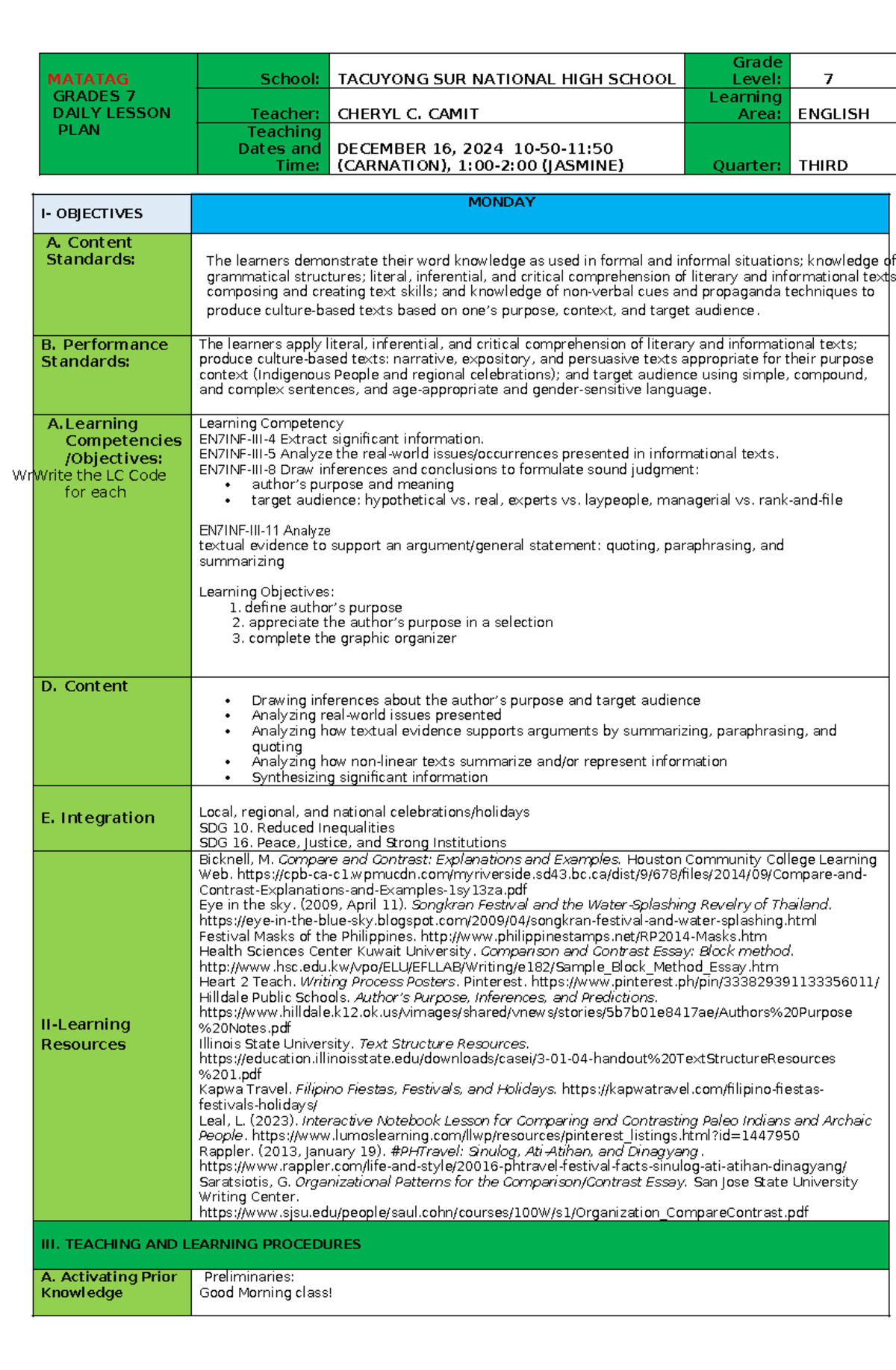 English 7 DLP Week 2: Matatag Lesson Plans & Objectives Overview - Studocu