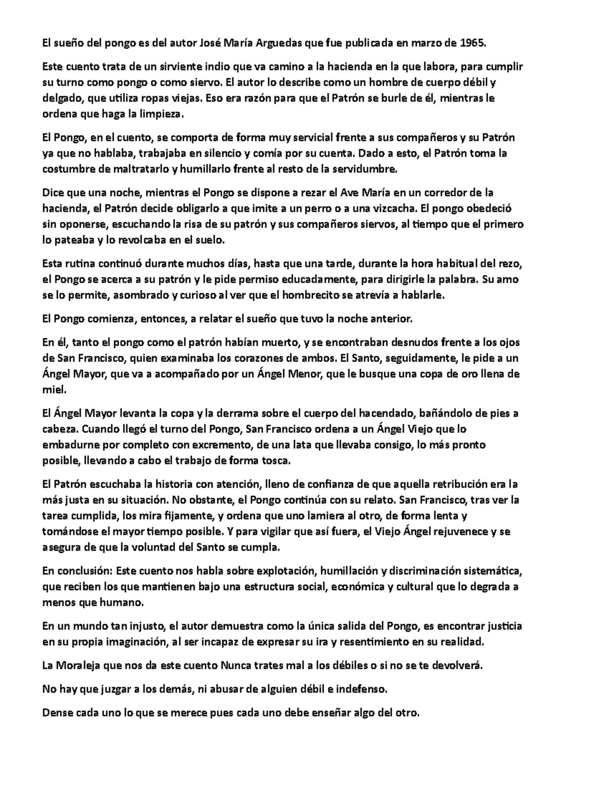 Sueño del pongo - resumen y moraleja - El sueño del pongo es del autor ...