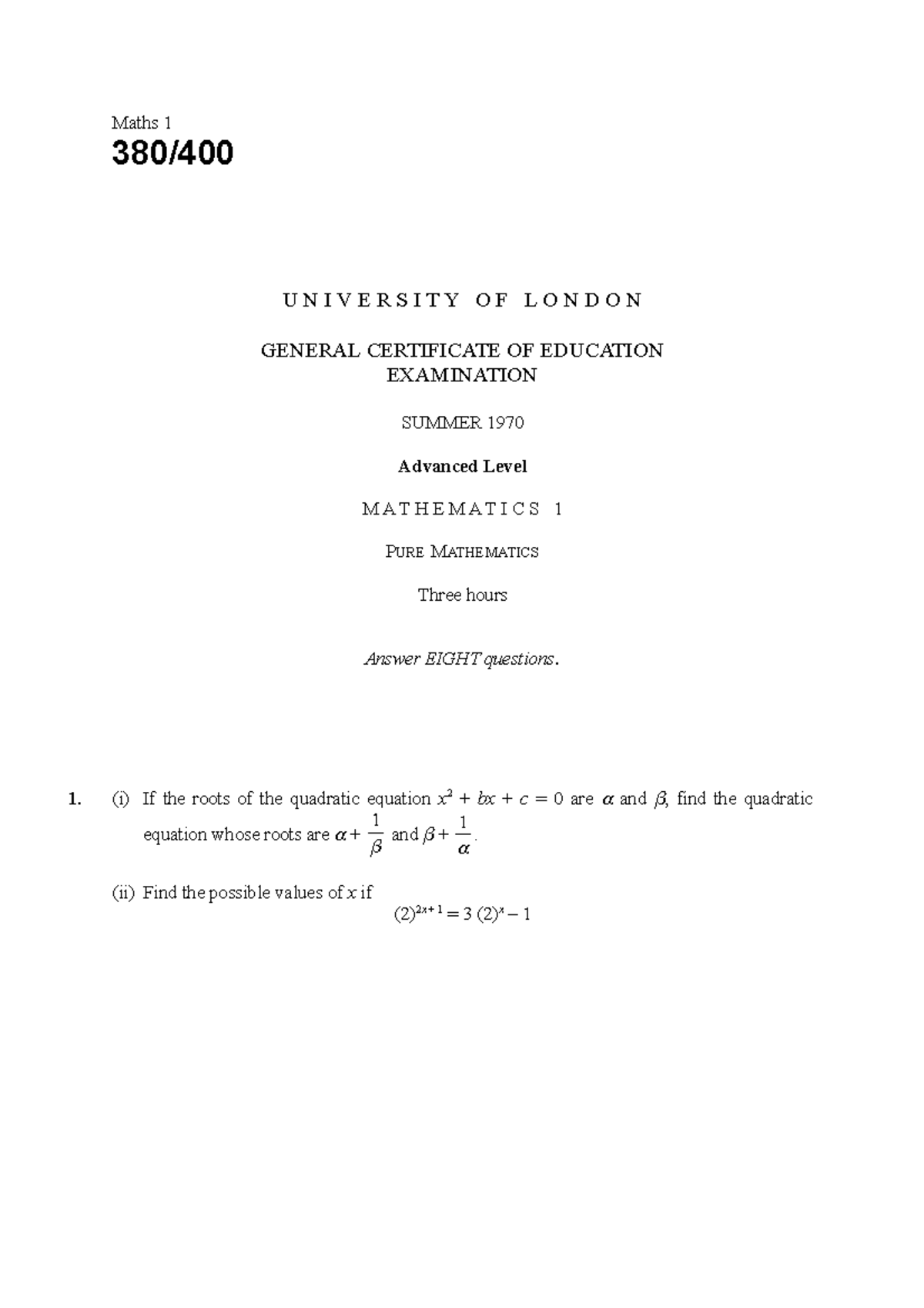 A Level Mathematics Paper 1 - June 1970 Exam Questions - Studocu