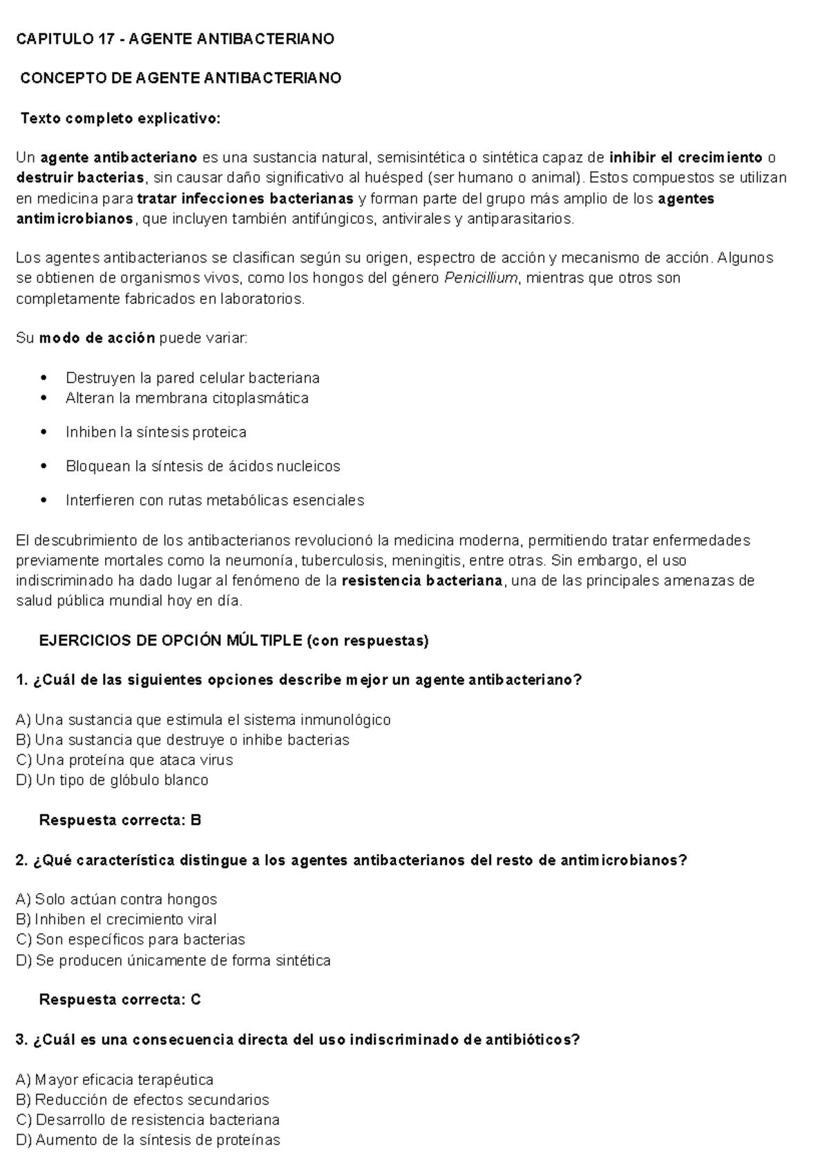 CAPÍTULO 17: CONCEPTOS Y MECANISMOS DE AGENTES ANTIBACTERIANOS - Studocu