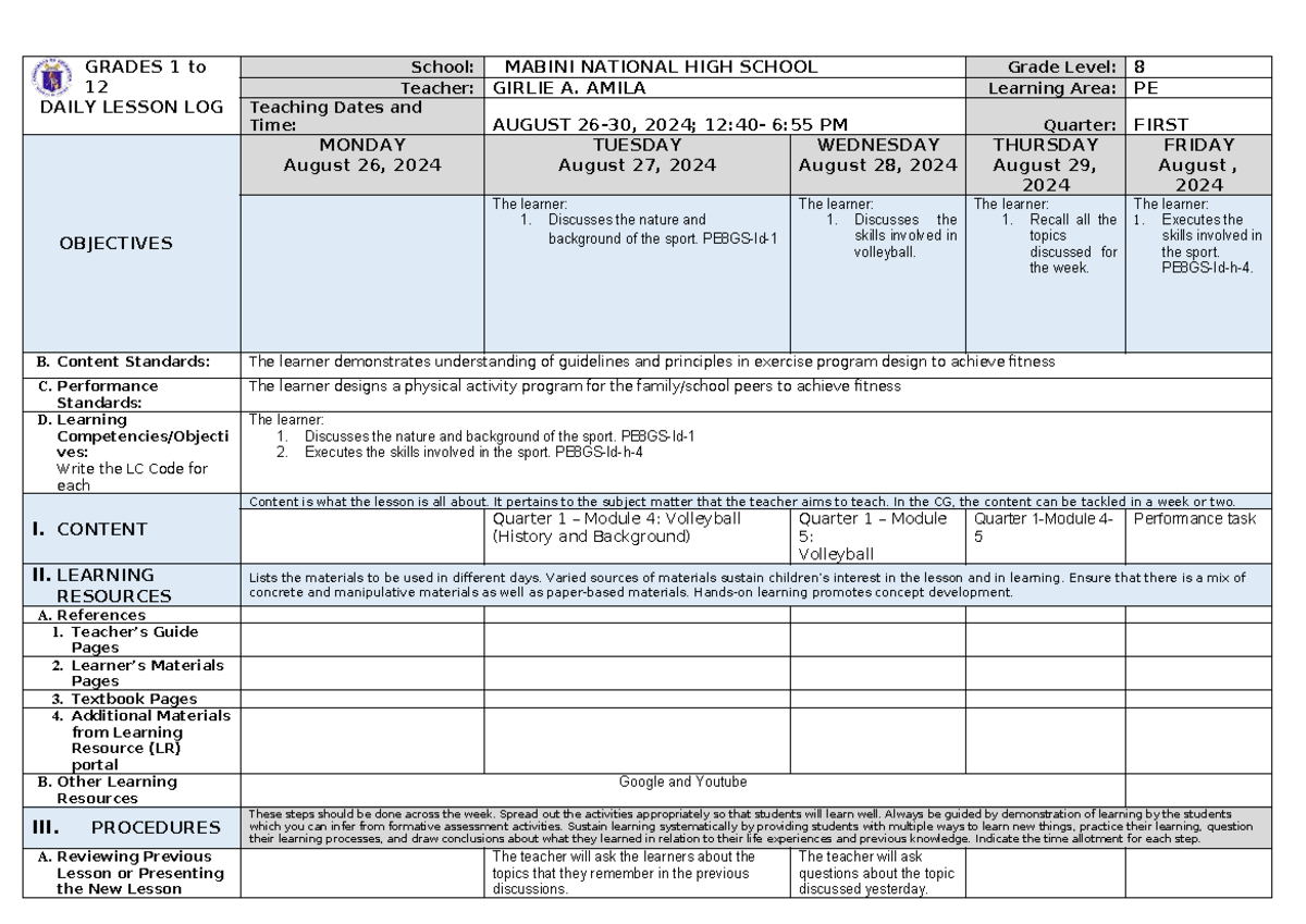 Grade 8 PE Daily Lesson Log: August 26-30, 2024 - Studocu