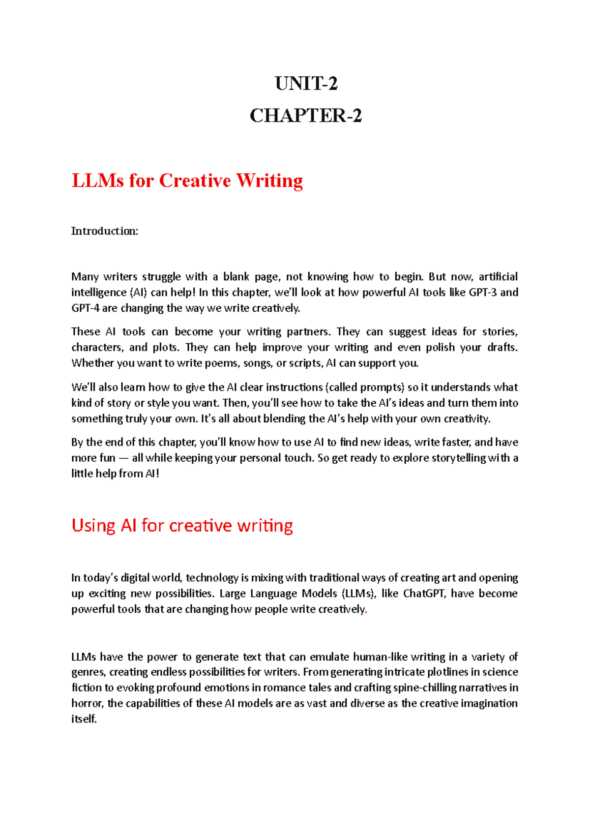 UNIT-2 Chapter-2: Exploring LLMs in Creative Writing - Studocu