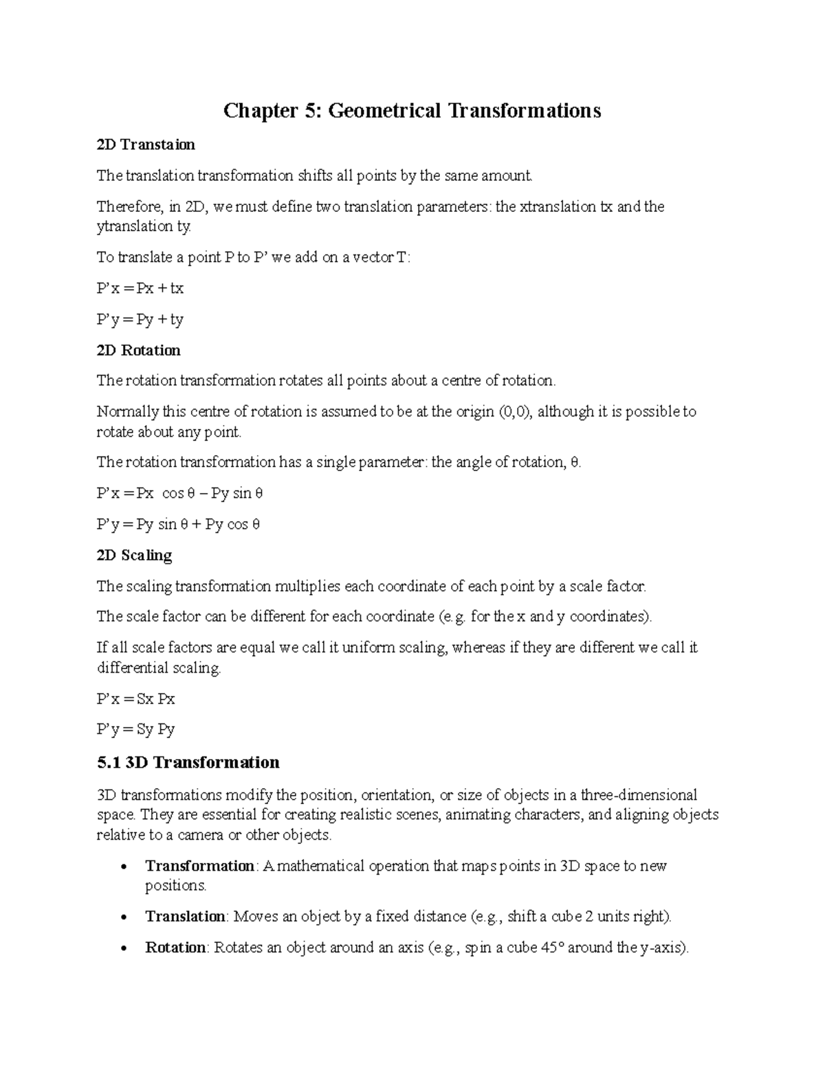 Chapter 5: 2D & 3D Geometrical Transformations in Graphics - Studocu