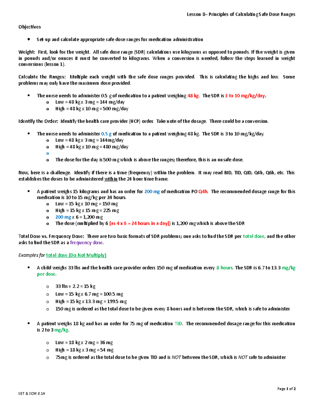 Nursing MEDS Calculation Lesson 8: Principles of Safe Dose Ranges - Studocu