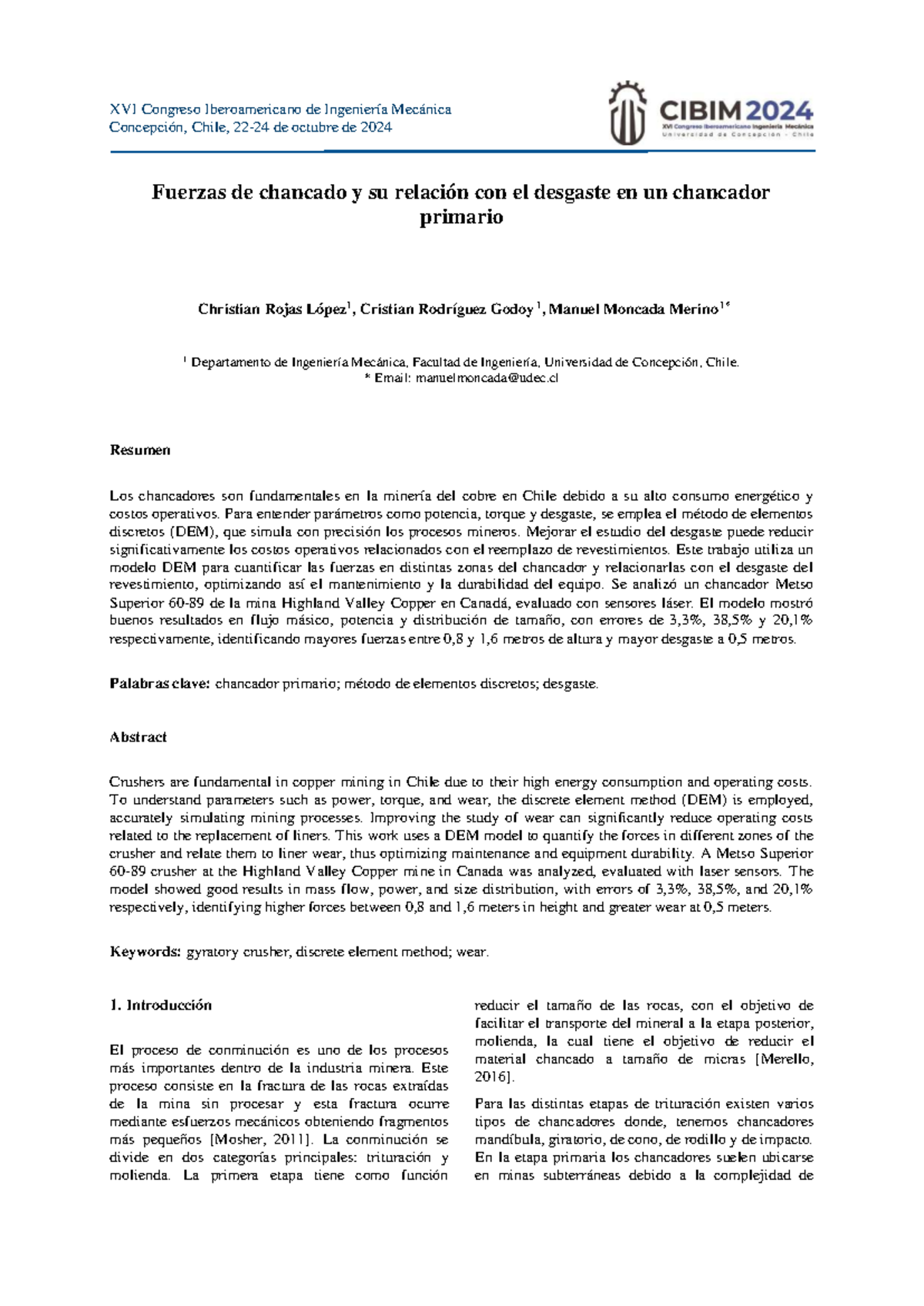 Fuerzas de Chancado y Desgaste en Chancador Primario - XVI CIBIM 2024 ...