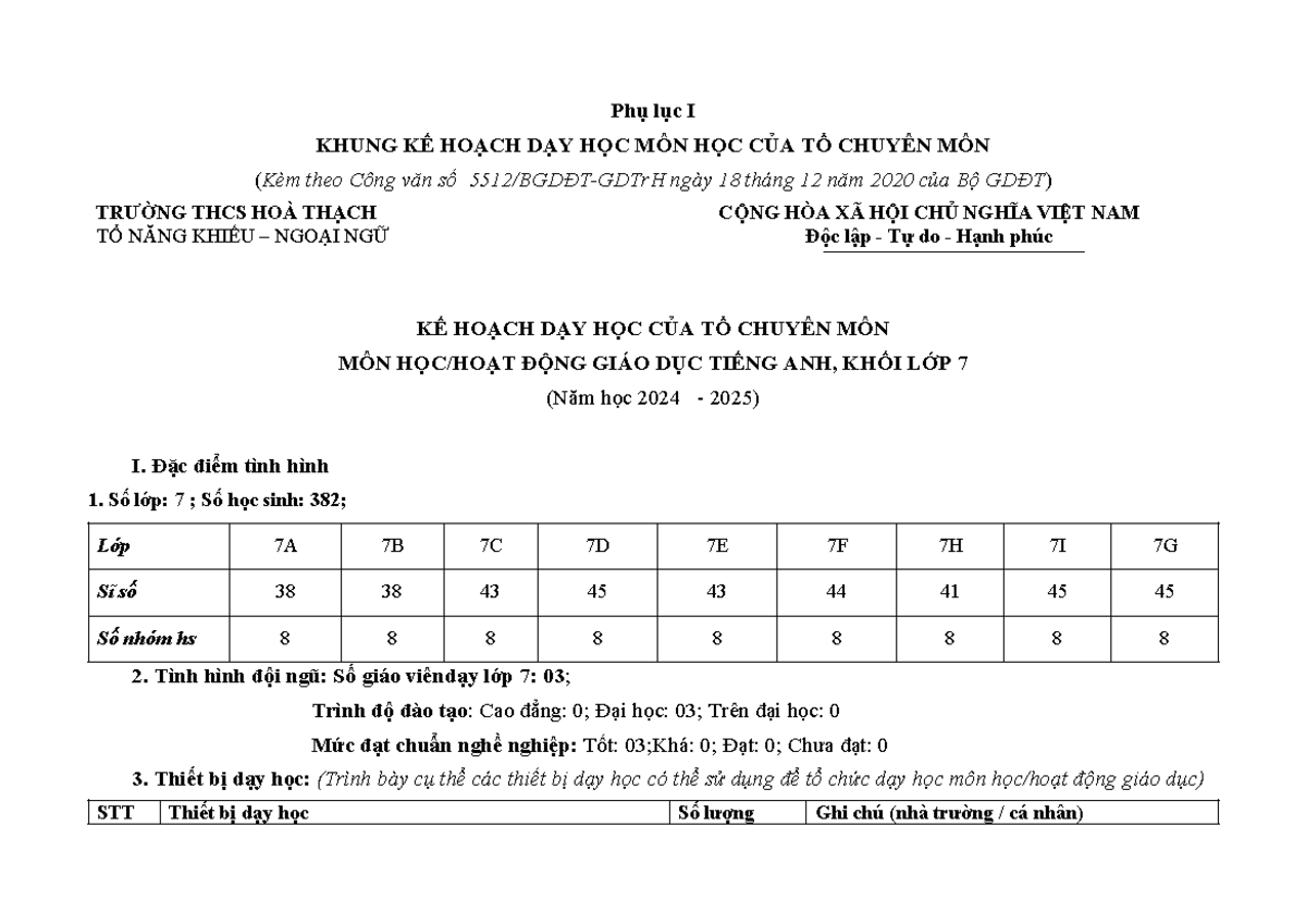 KHGD TIẾNG ANH 7 PL1,2,3 KẾ HOẠCH DẠY HỌC NĂM 2024-2025 - Studocu