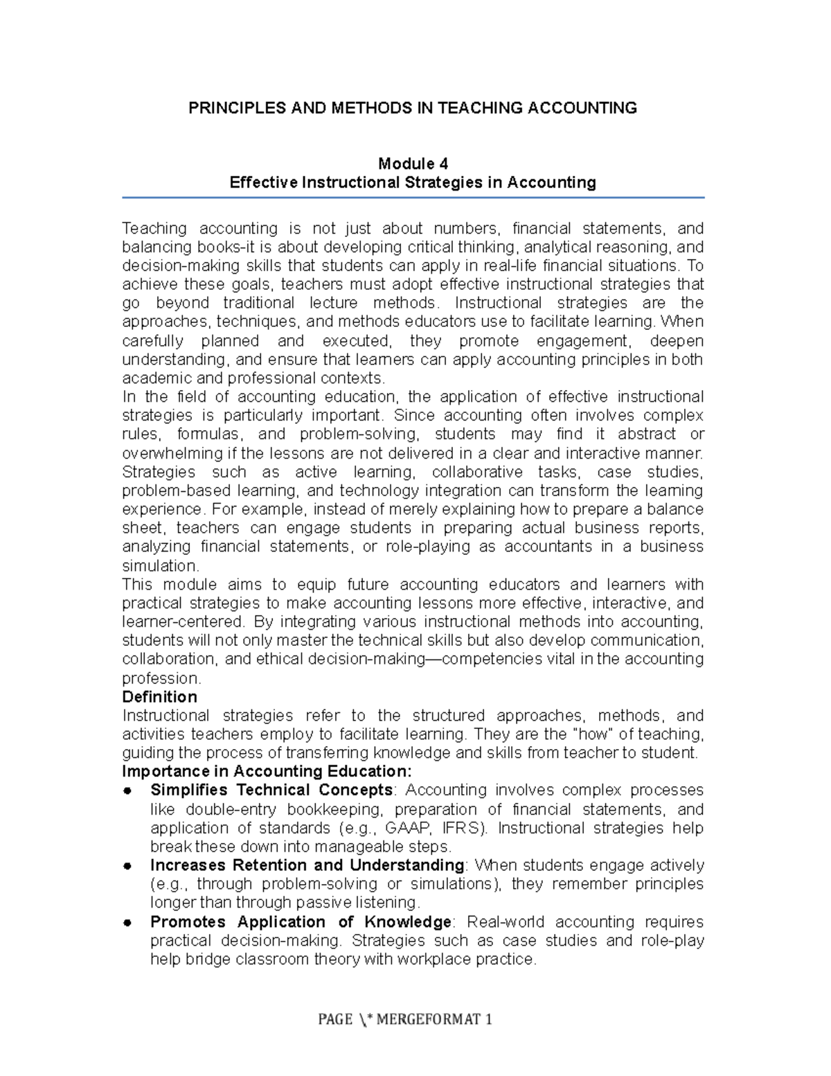 Module 4: Effective Instructional Strategies in Accounting Education - Studocu