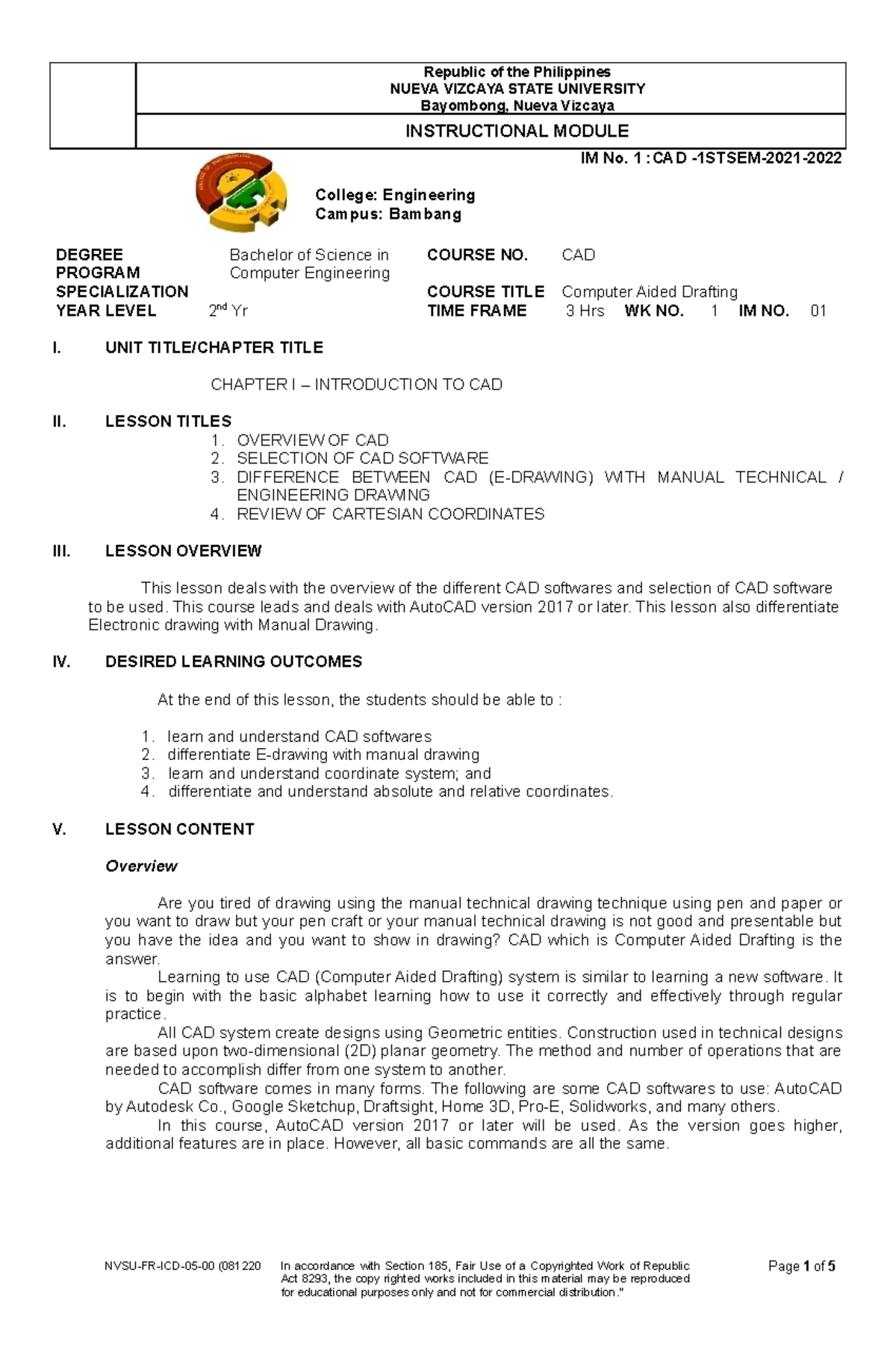 IM No. 1: Instructional Module on Computer Aided Drafting (CAD) - Studocu