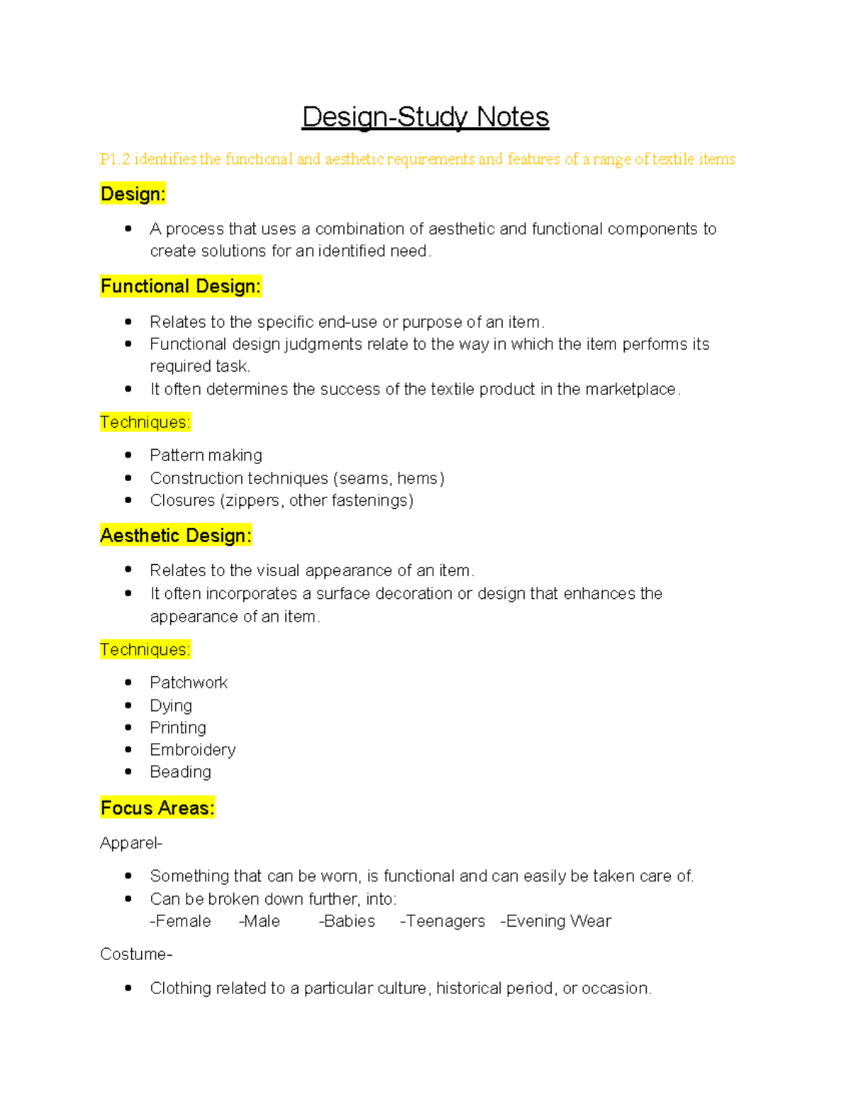 Design Notes P1.2: Functional & Aesthetic Textile Requirements - Studocu