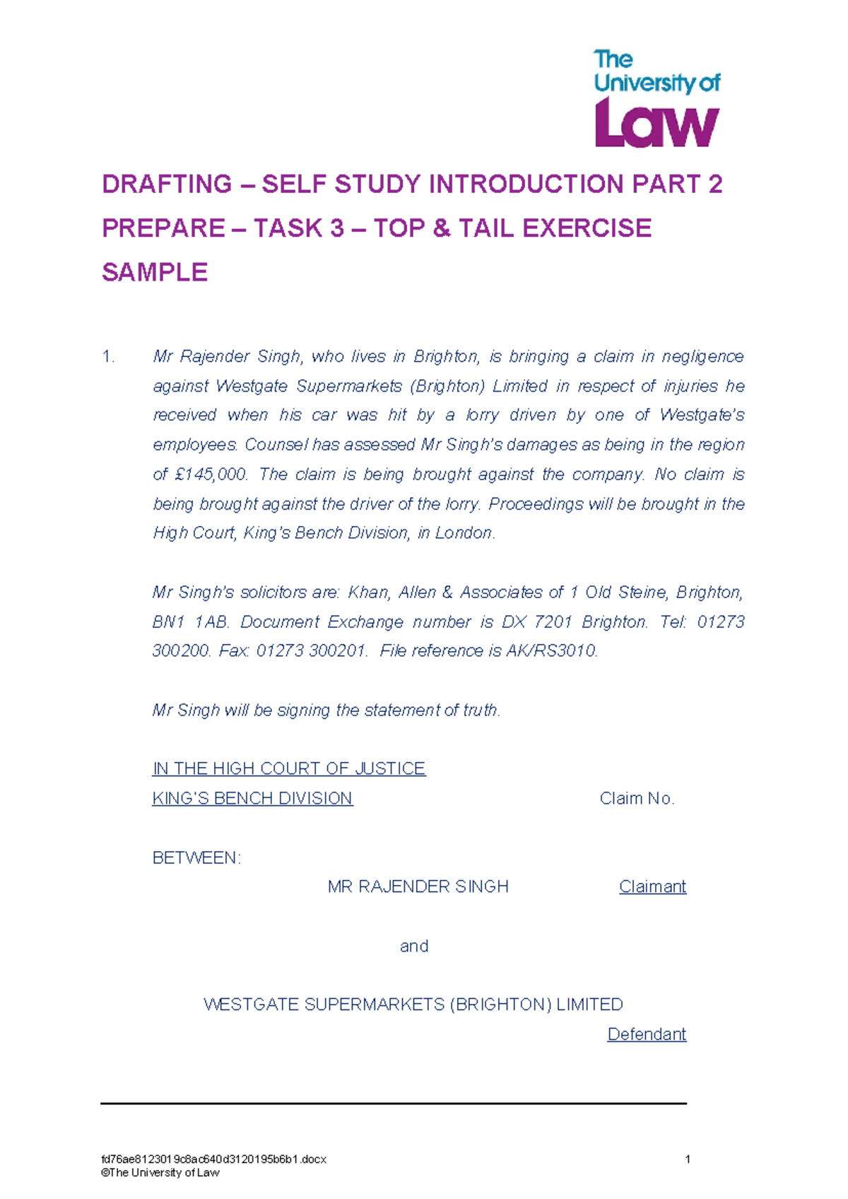 Top & Tail Exercise Sample: Self Study Introduction Part 2 (Law 101 ...