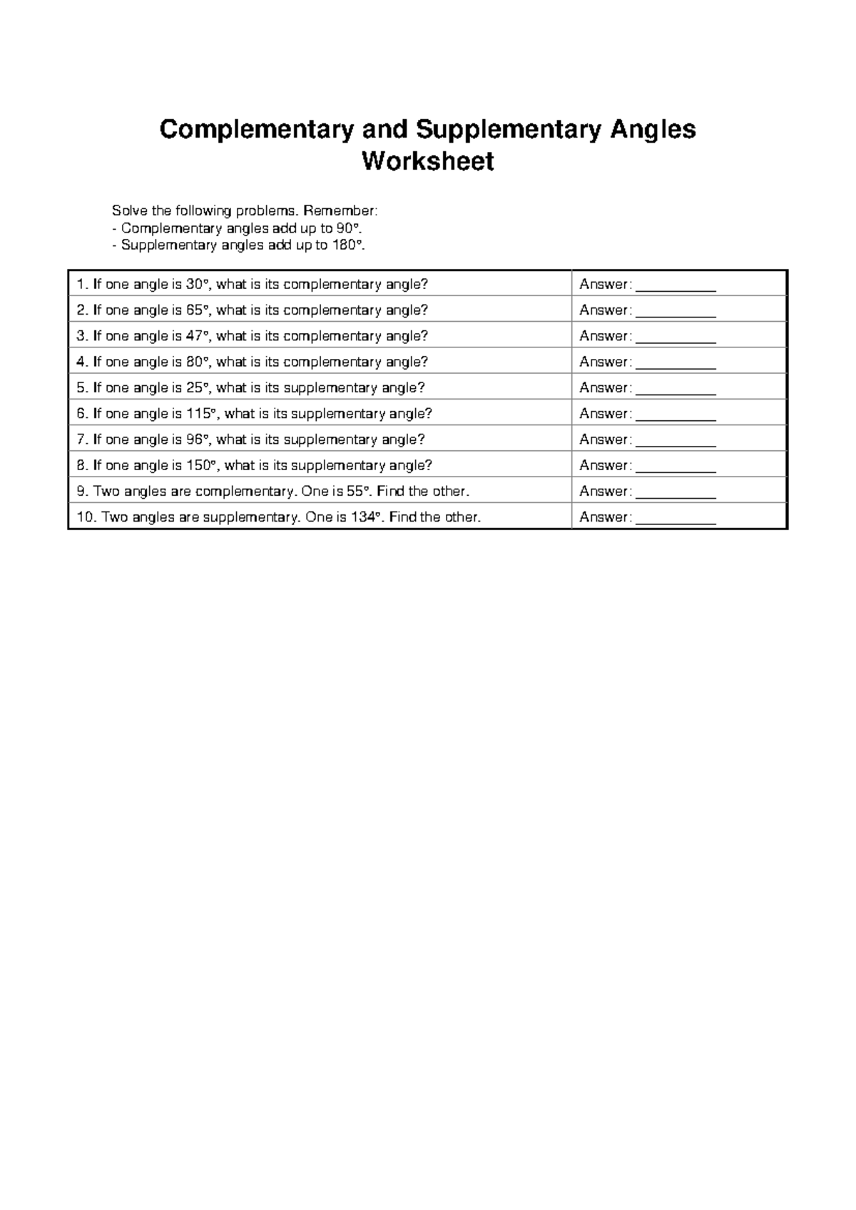 Complementary And Supplementary Angles Worksheet Grade 7