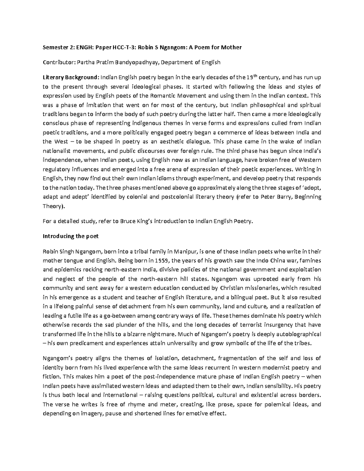 ENGH: A Poem for Mother by Robin S. Ngangom - Analysis & Summary - Studocu