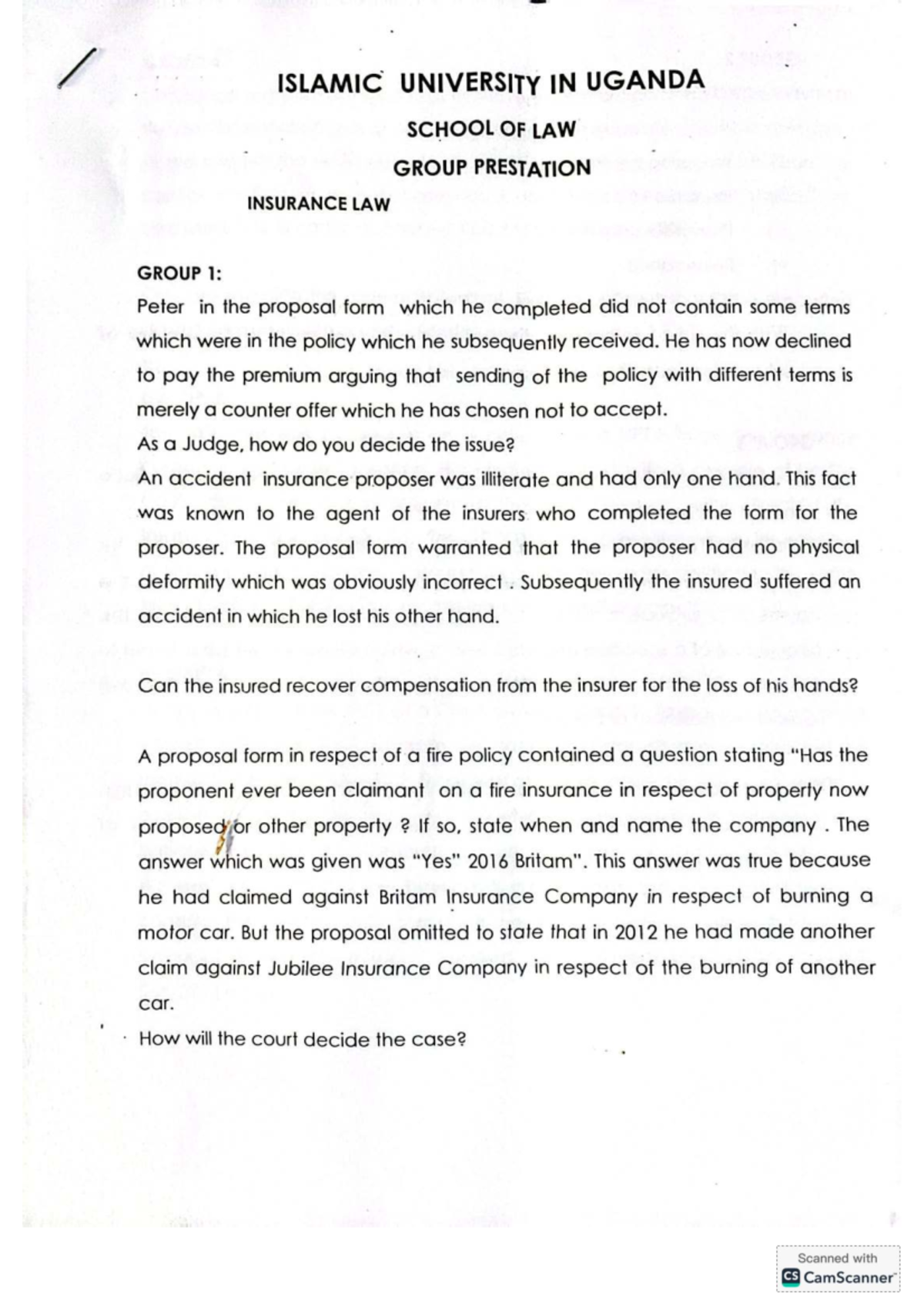 Insurance Law Group Presentation: Key Issues and Case Analyses (INS 2 ...