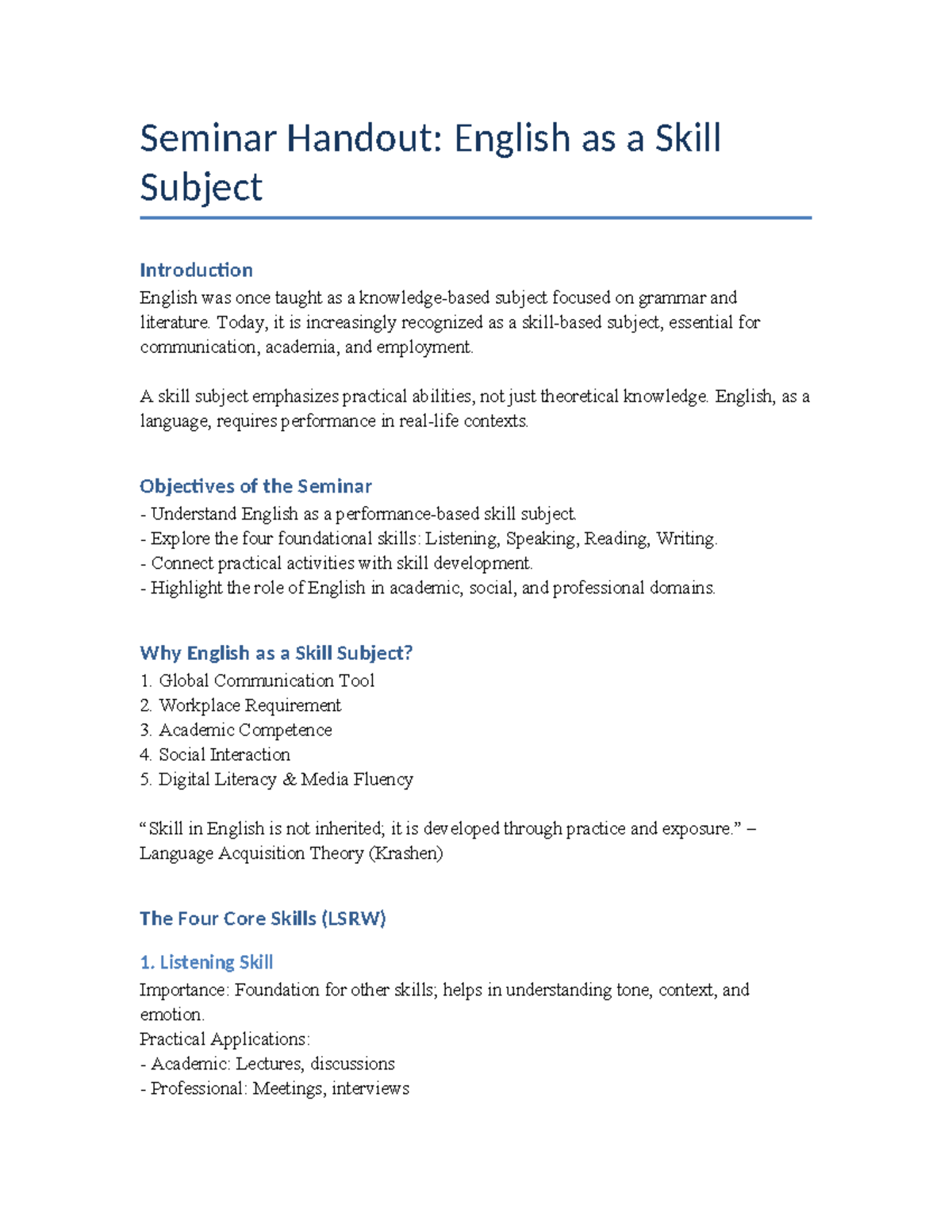 English as a Skill Subject Seminar Handout - Studocu
