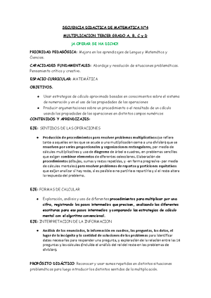 SEC. Didàct. MATE 3° - Secuencia didáctica para 3° año EP - Secuencia didáctica de Matemática ...