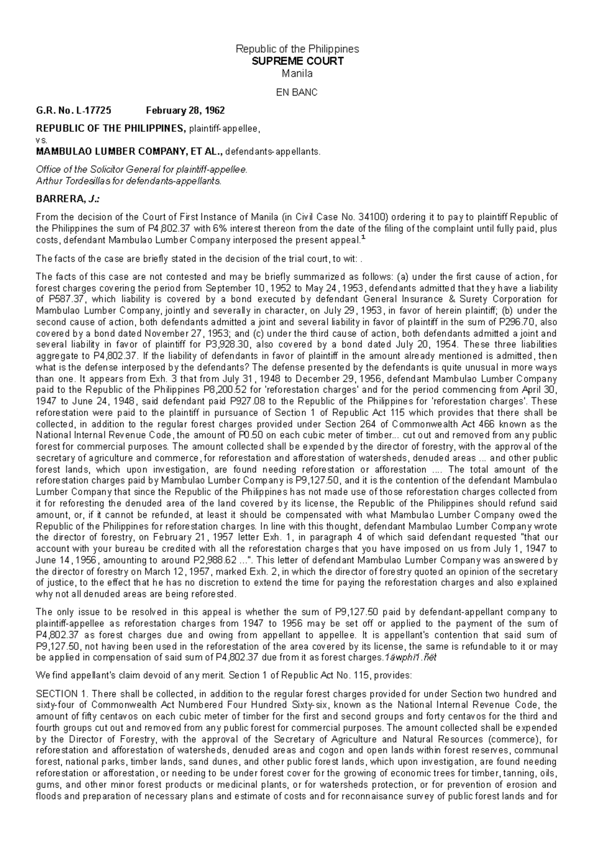 Republic of the Philippines vs. Mambulao Lumber Co. Case Study G.R. No ...