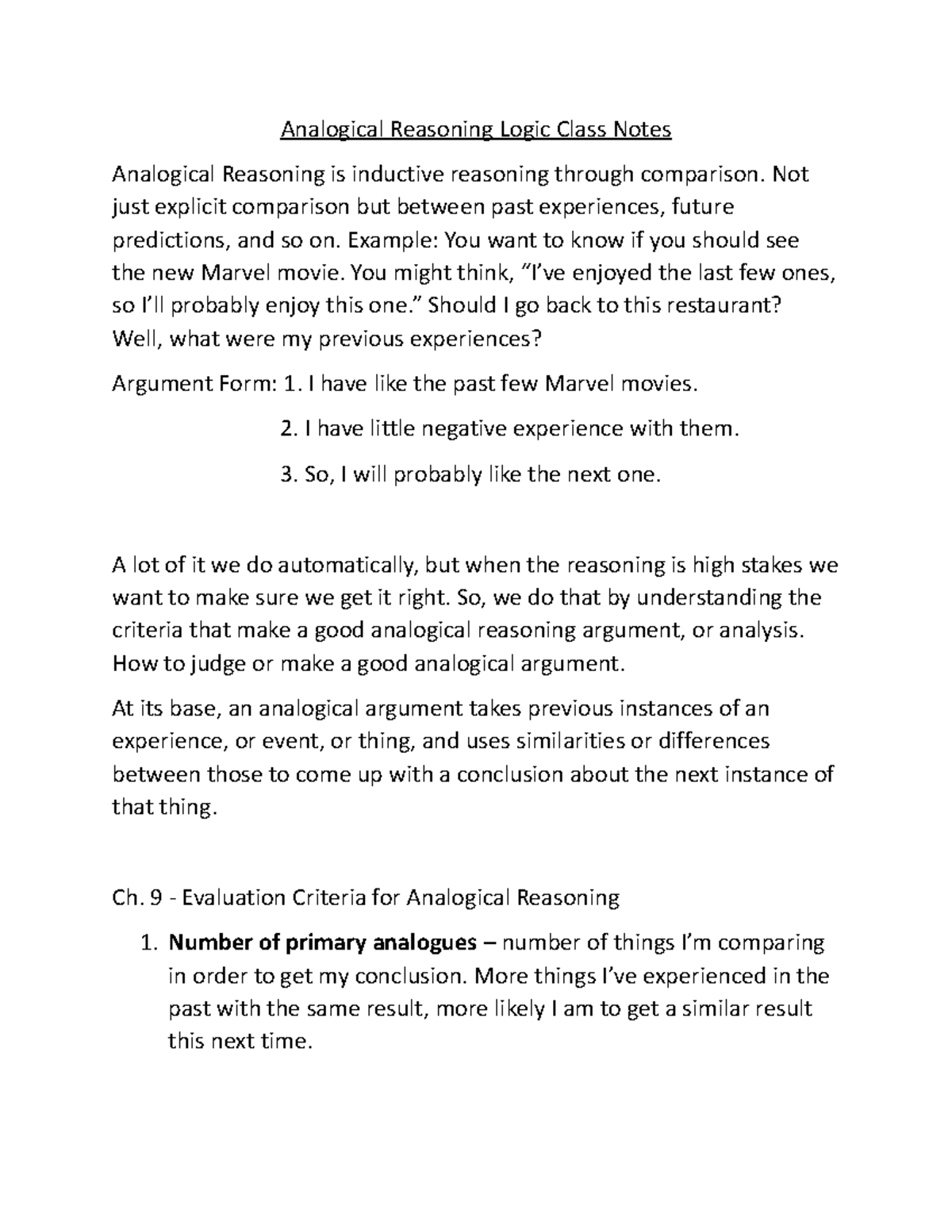 Analogical Reasoning Criteria Logic Class Notes - Ch. 9 Overview - Studocu