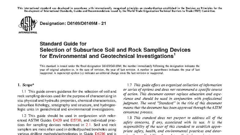D6169 D6169M-21: Guide for Selecting Soil & Rock Sampling Devices - Studocu