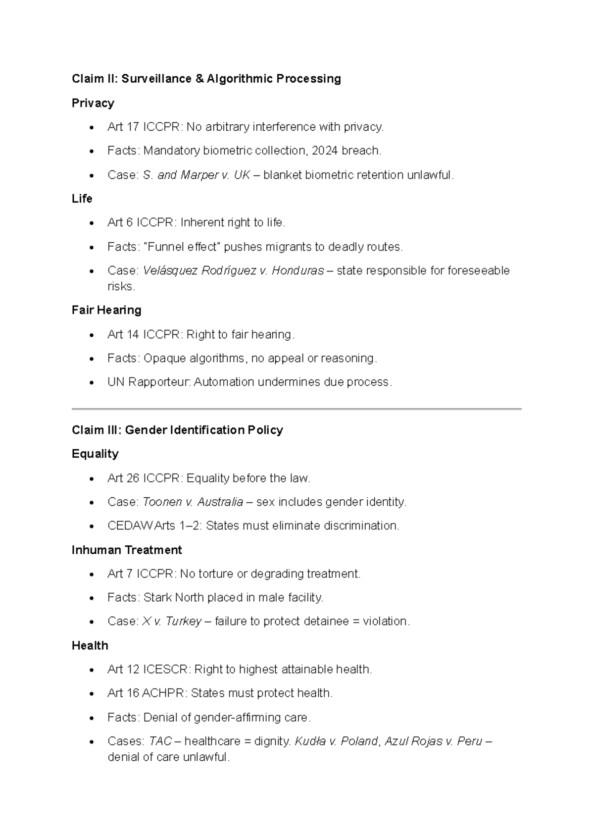 ICCPR Claims Cheat Sheet: Privacy, Life, Fair Hearing, Equality, Health ...