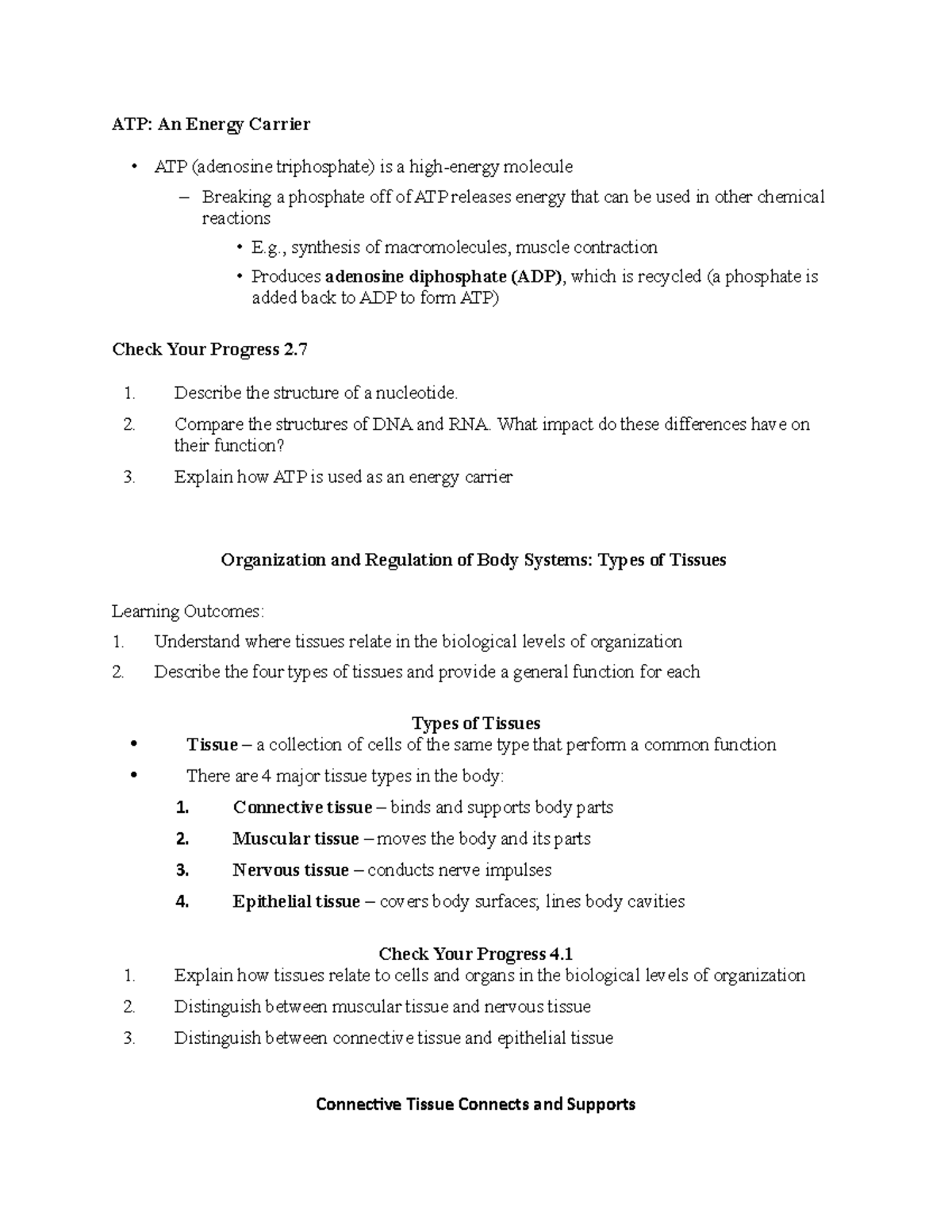 Chapter 4 Notes: ATP & Types of Tissues in Body Systems - Studocu
