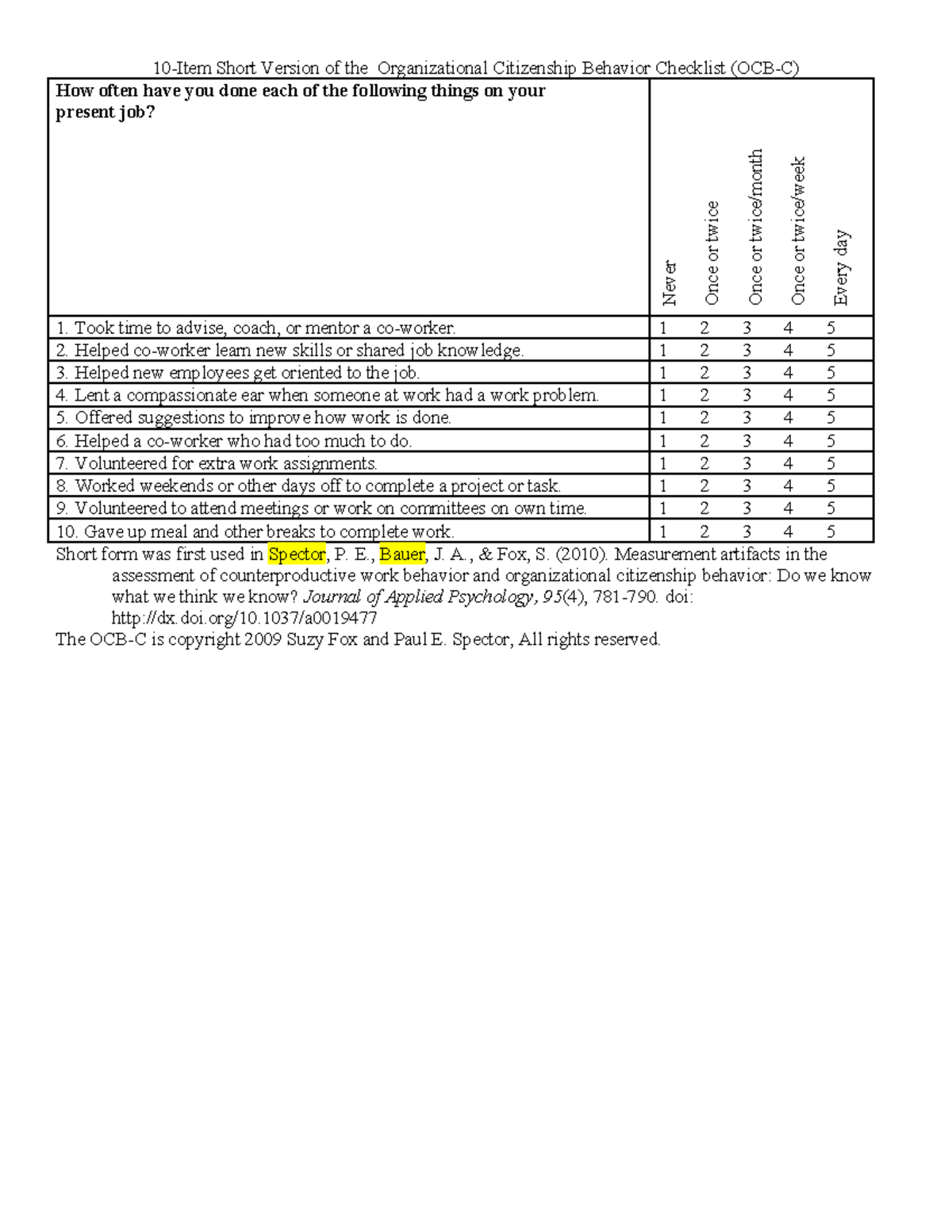 OCB-C-10: Short Organizational Citizenship Behavior Questionnaire - Studocu