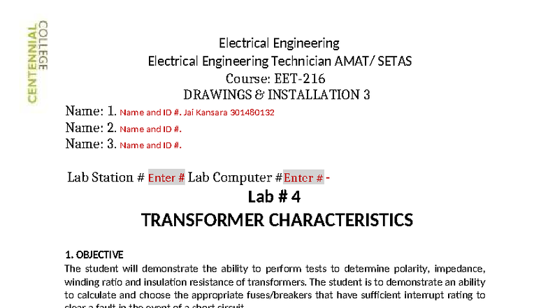 EET-216 LAB #4 V1.5F - Transformer Construction & Testing Guide - Studocu