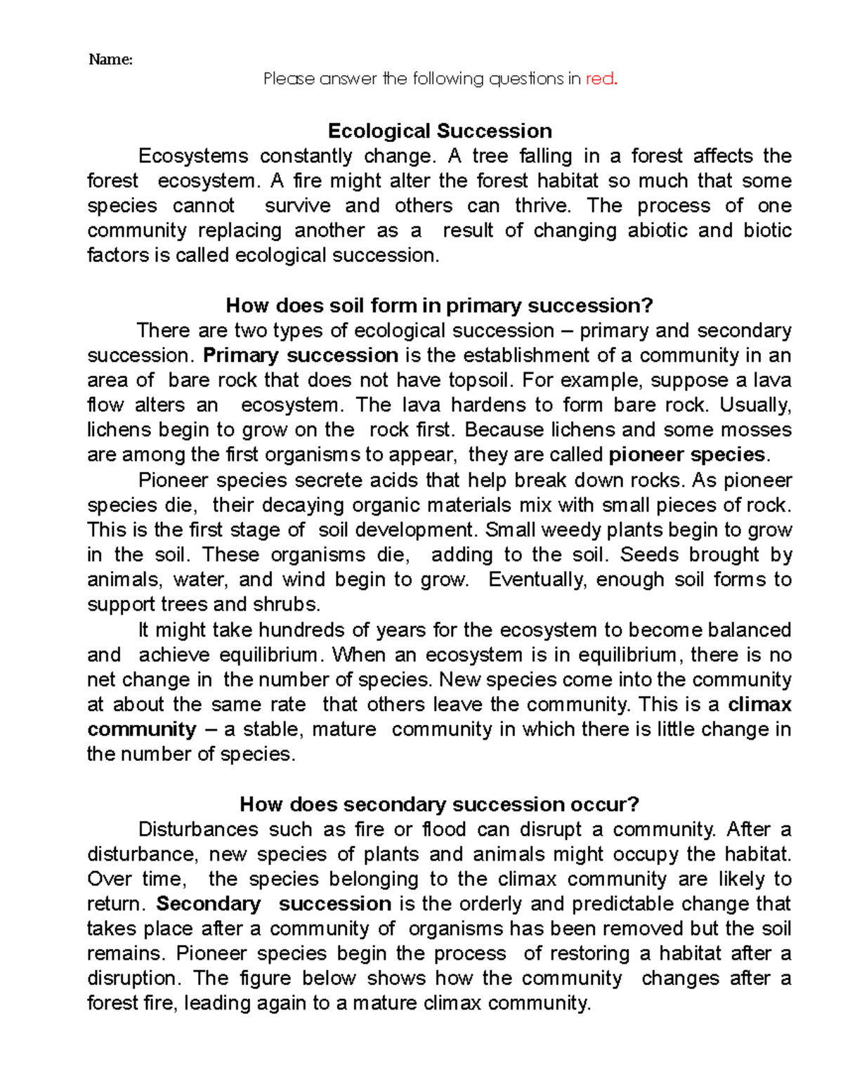 Ecological Succession Worksheet Review: Key Concepts and Questions ...
