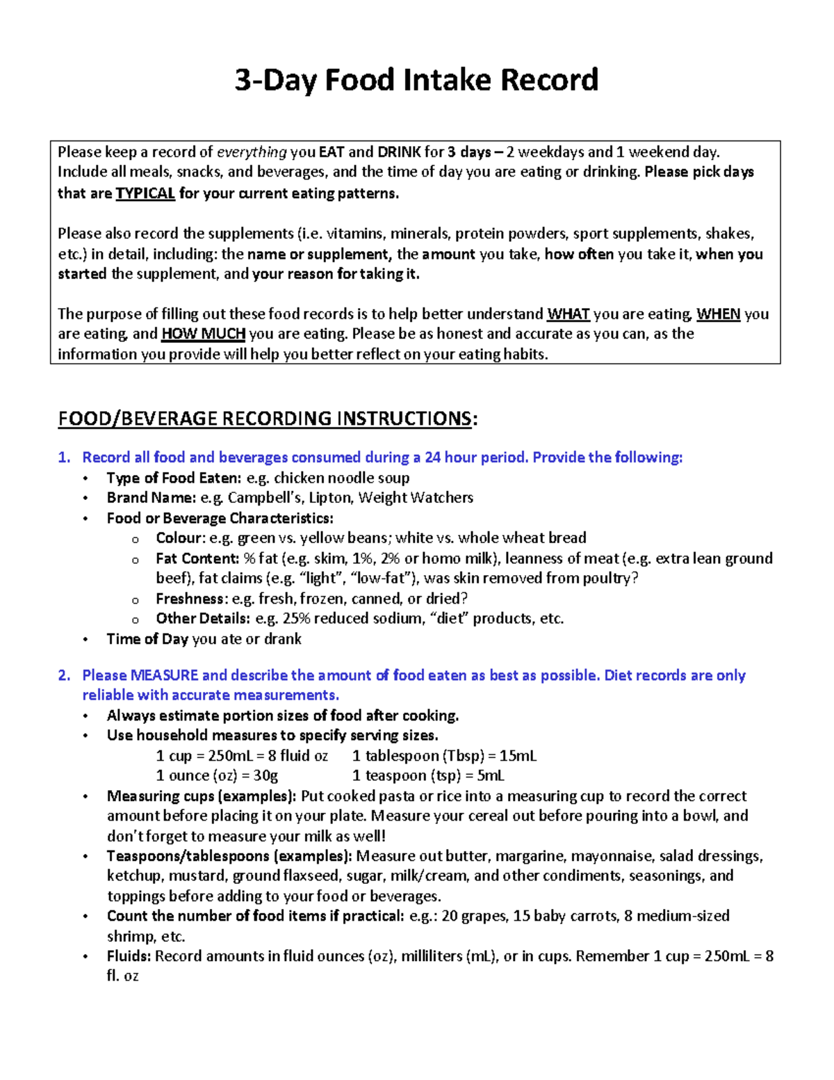 3-Day Food Intake Record for Dietary Analysis and Reflection - Studocu