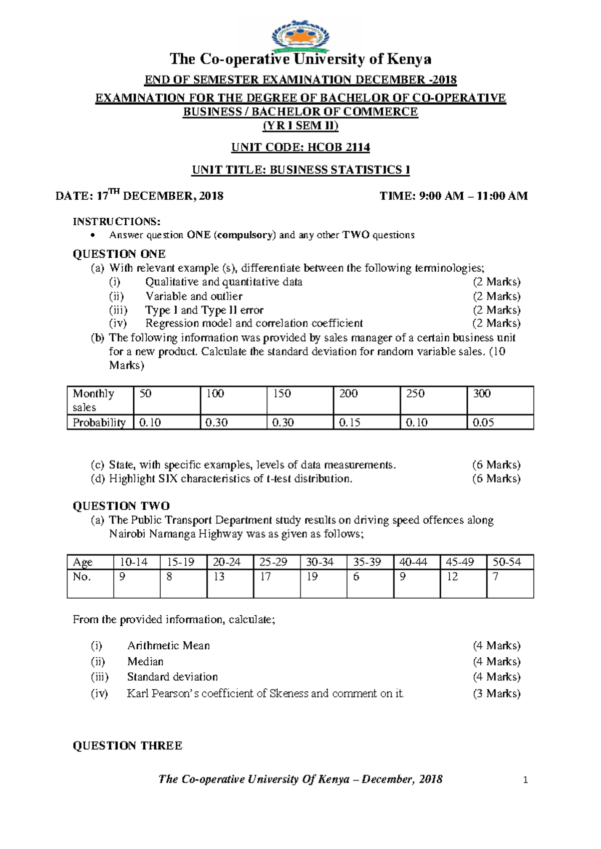 HCOB 2114 Final Exam: Business Statistics I - December 2018 - Studocu