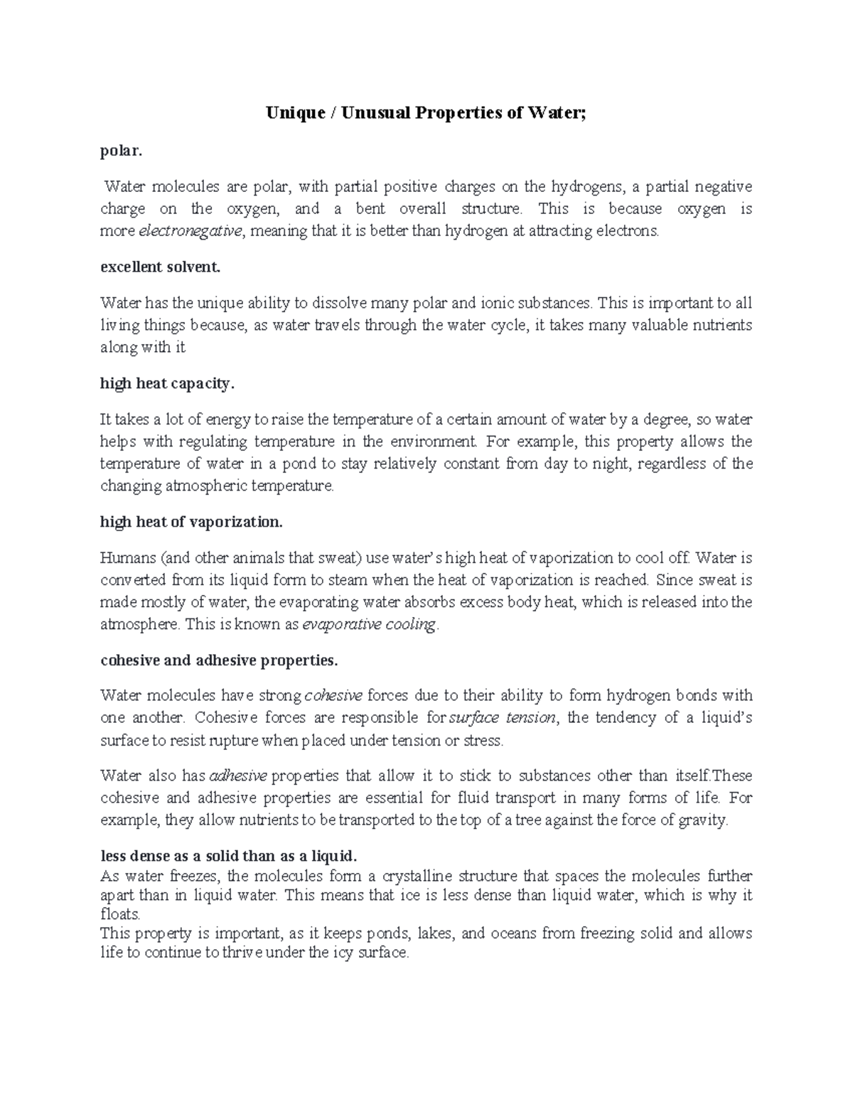 Unique Properties of Water: A Study on Polar Molecules - Studocu