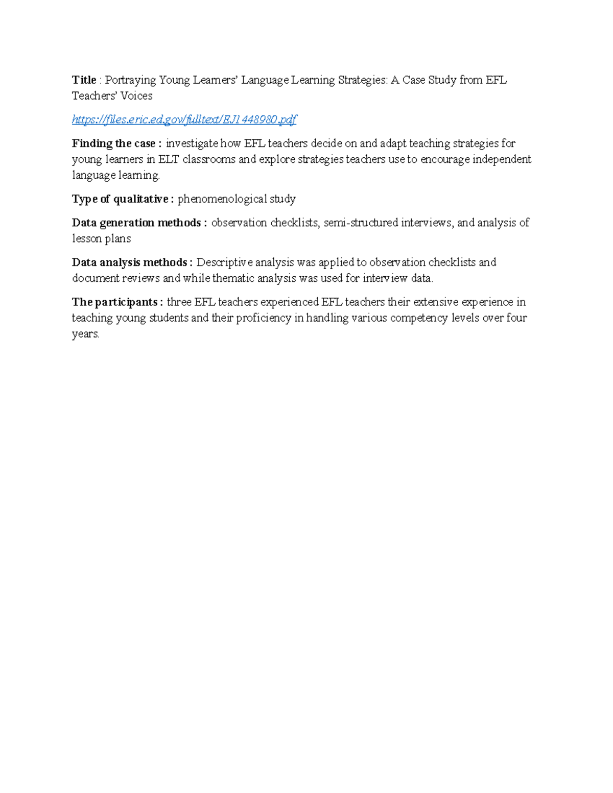 Title: EFL 101: Case Study on Young Learner Language Strategies ...