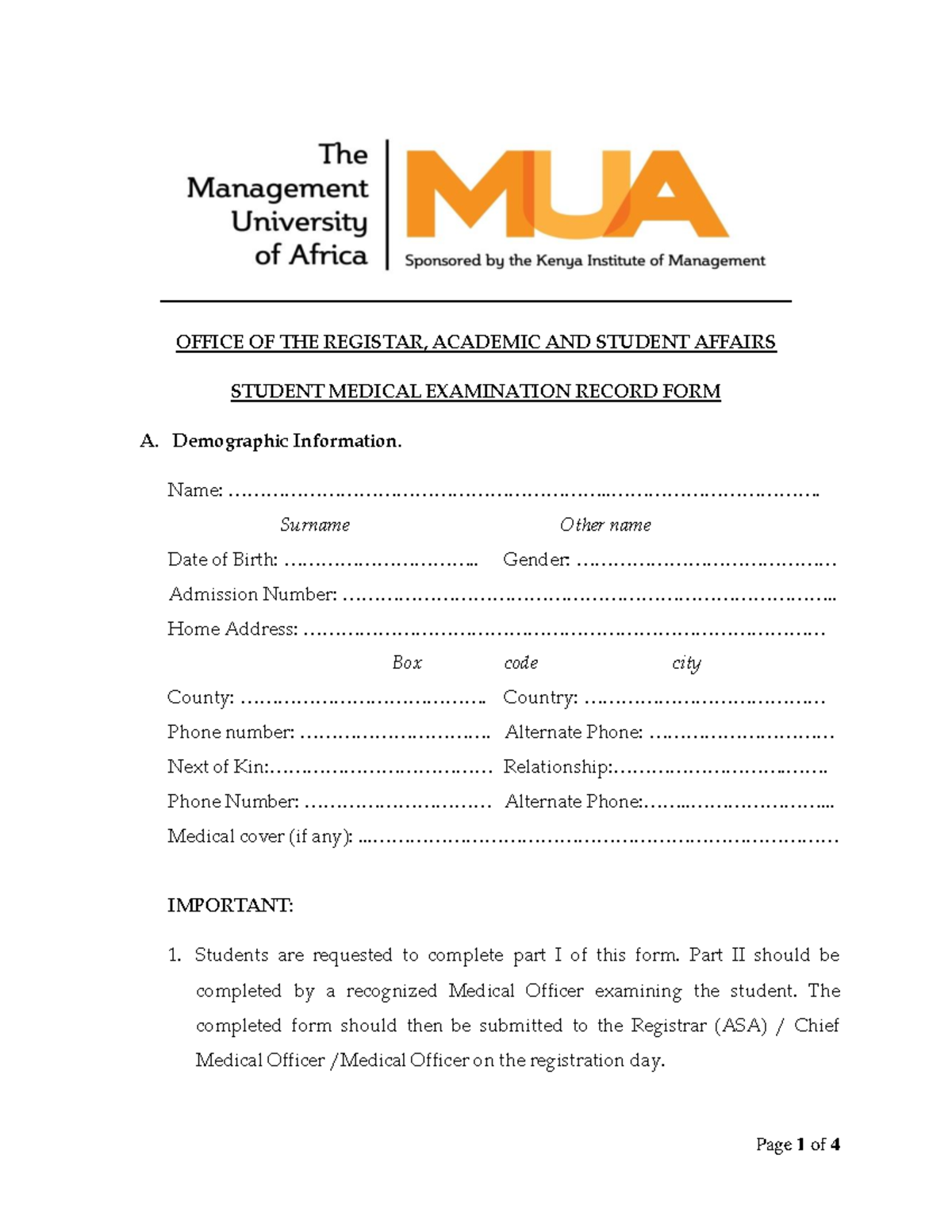 Student Medical Examination Record Form - Important Guidelines - Studocu