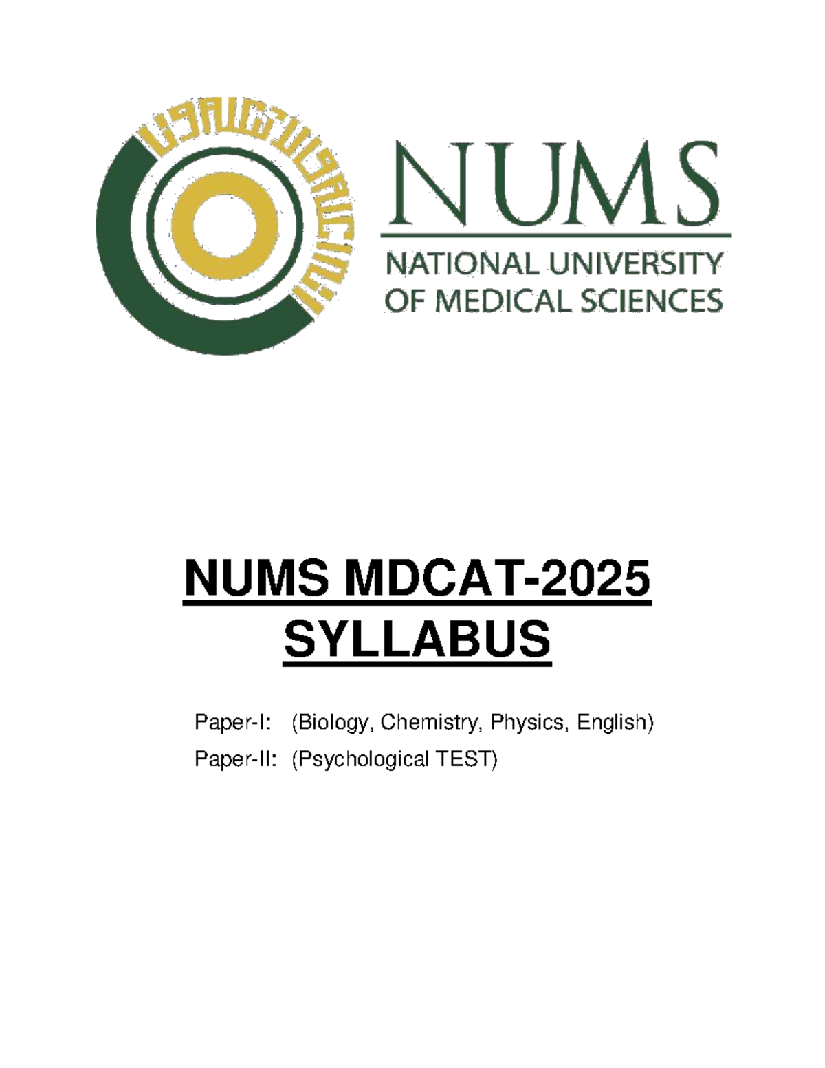 NUMS MDCAT 2025 Syllabus: Biology, Chemistry, Physics, English - Studocu