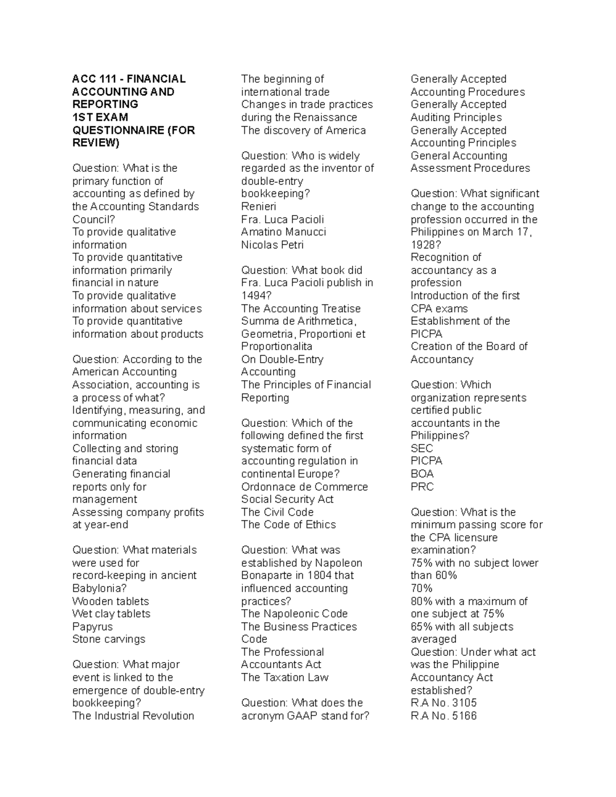 ACC FINANCIAL ACCOUNTING AND REPORTING 1ST EXAM REVIEW QUESTIONS - Studocu