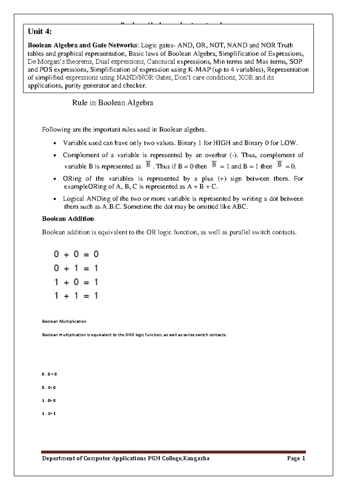 Module 3 Boolean Algebra-converted - Rule in Boolean Algebra Following are the important rules ...