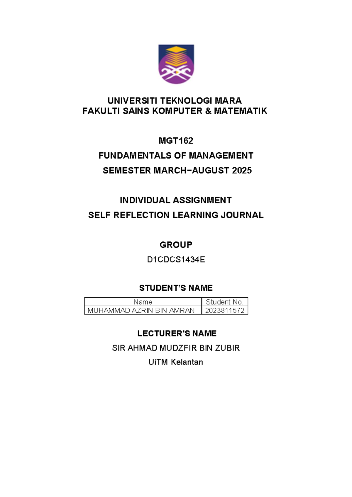 MGT162 Individual Assignment: Self-Reflection Learning Journal - Studocu