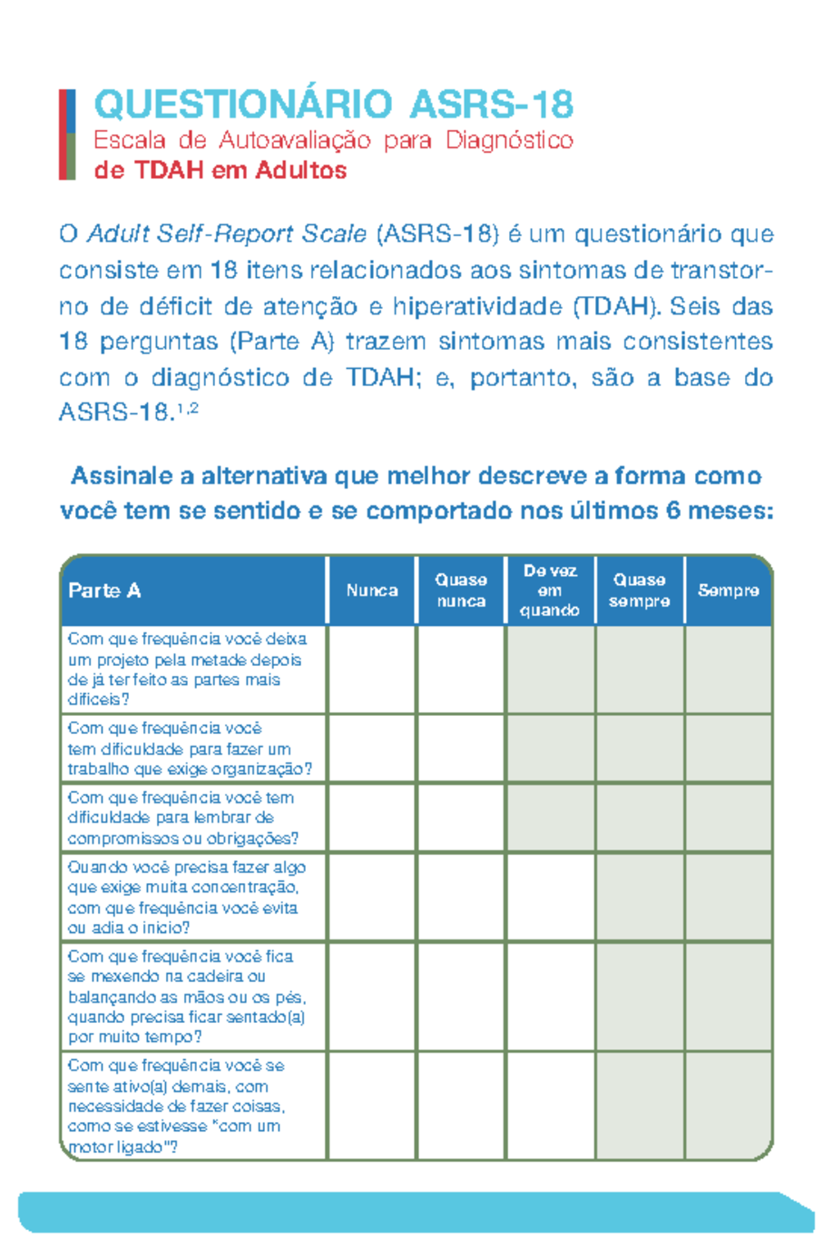 ASRS-18: Questionário de Autoavaliação para TDAH em Adultos - Studocu