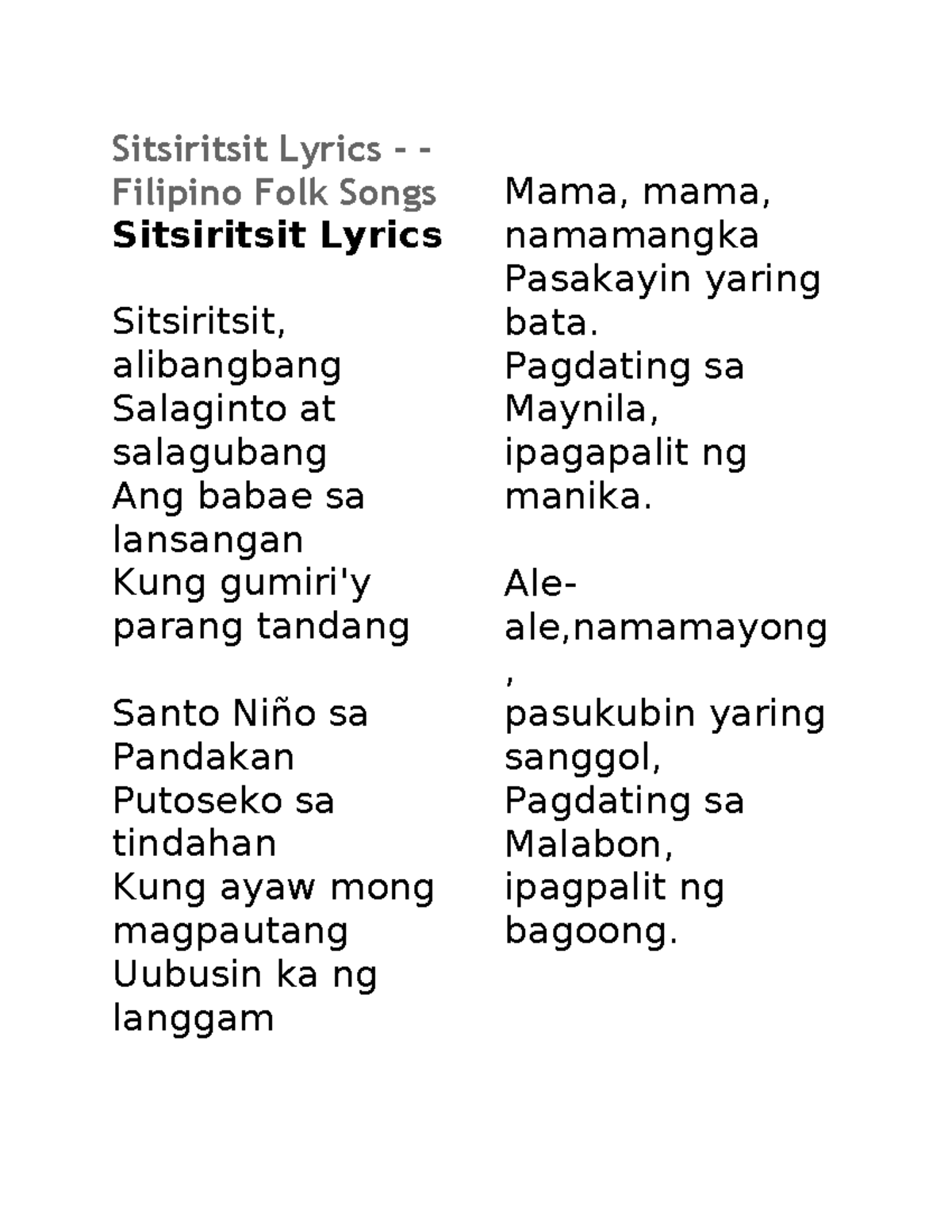 Sitsiritsit Lyrics - Filipino Folk Song Analysis - COMPLIANCE - Studocu