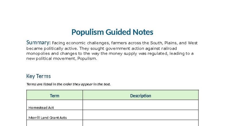 Populism Guided Notes: Economic Challenges & Political Movements - Studocu