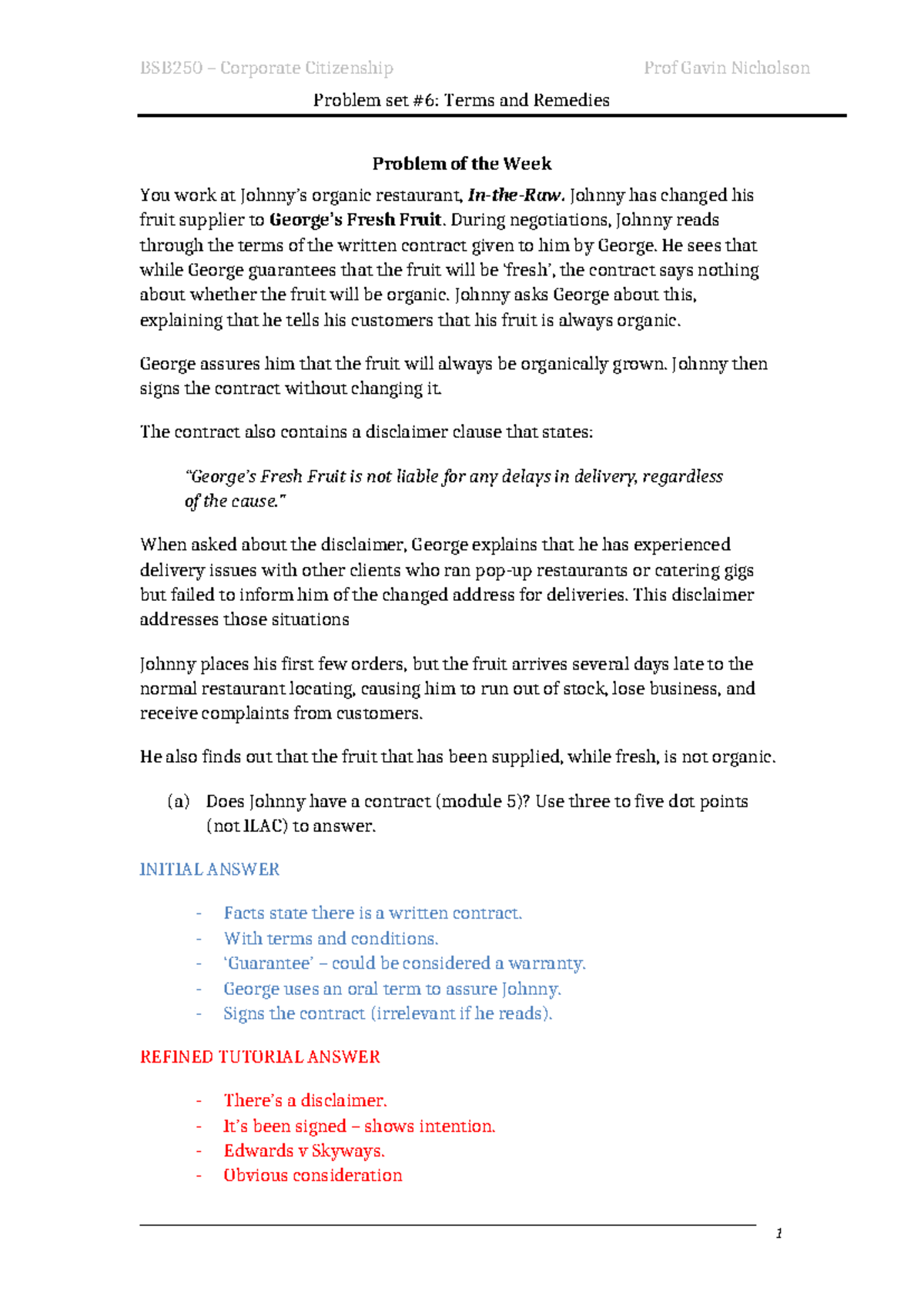 BSB250 Corporate Citizenship Prof Gavin Nicholson Problem Set: Terms ...