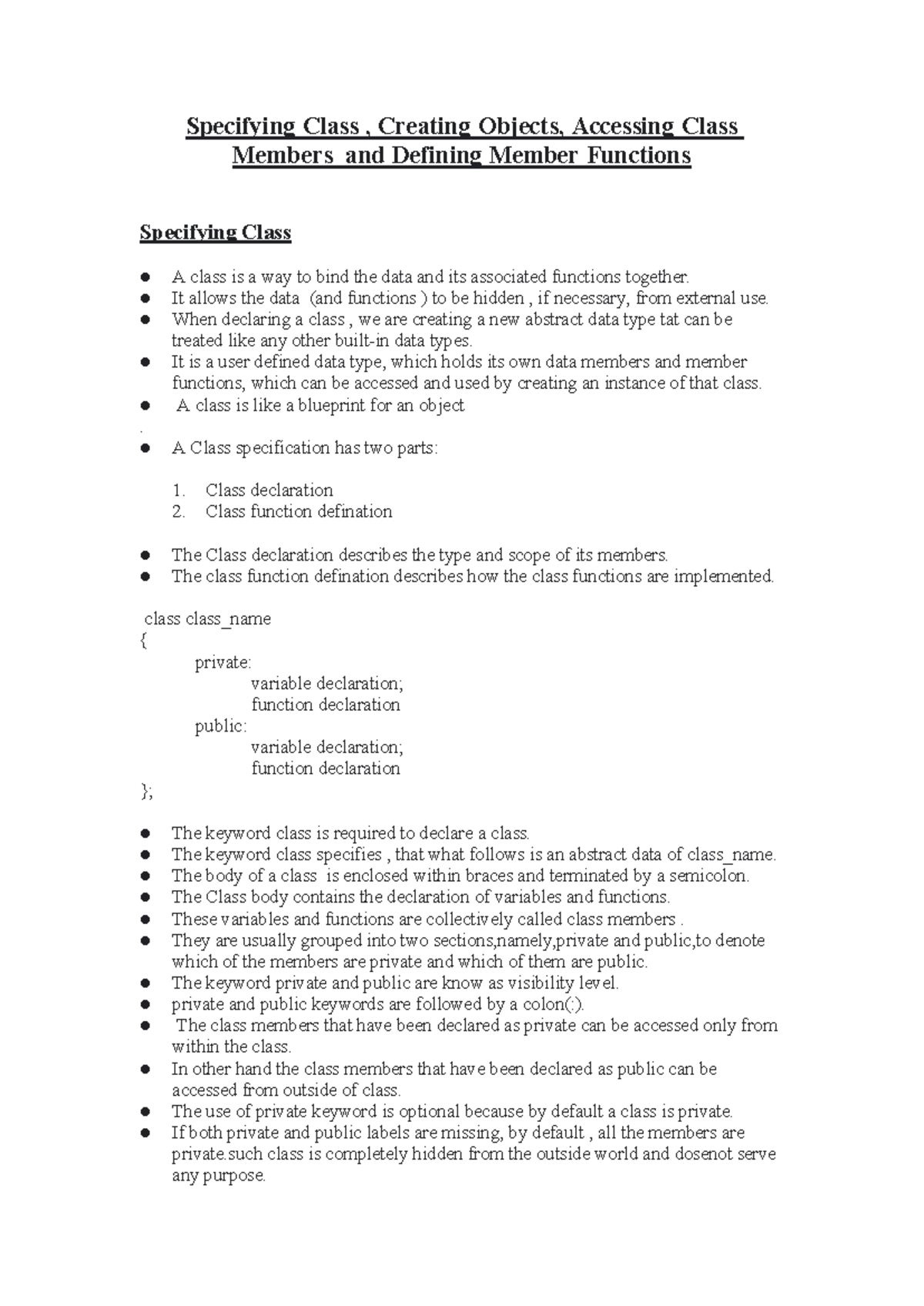CS101: Class Specification, Object Creation & Member Functions Overview - Studocu
