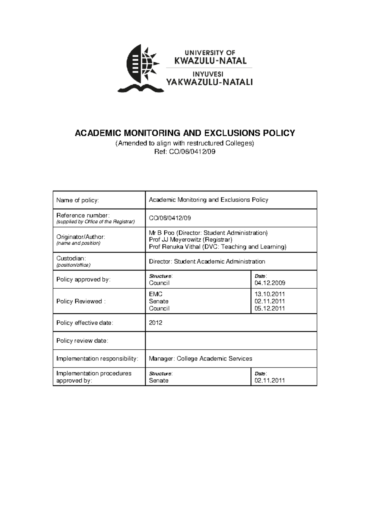 **Title: Academic Monitoring & Exclusions Policy - Ref: CO/06/0412 ...