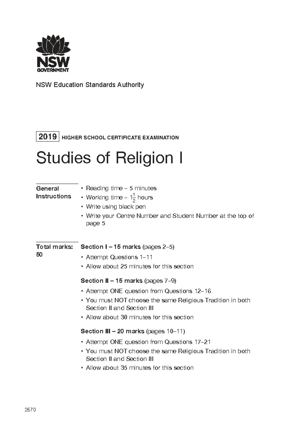 2019 HSC Studies of Religion I Exam Paper - General Instructions ...