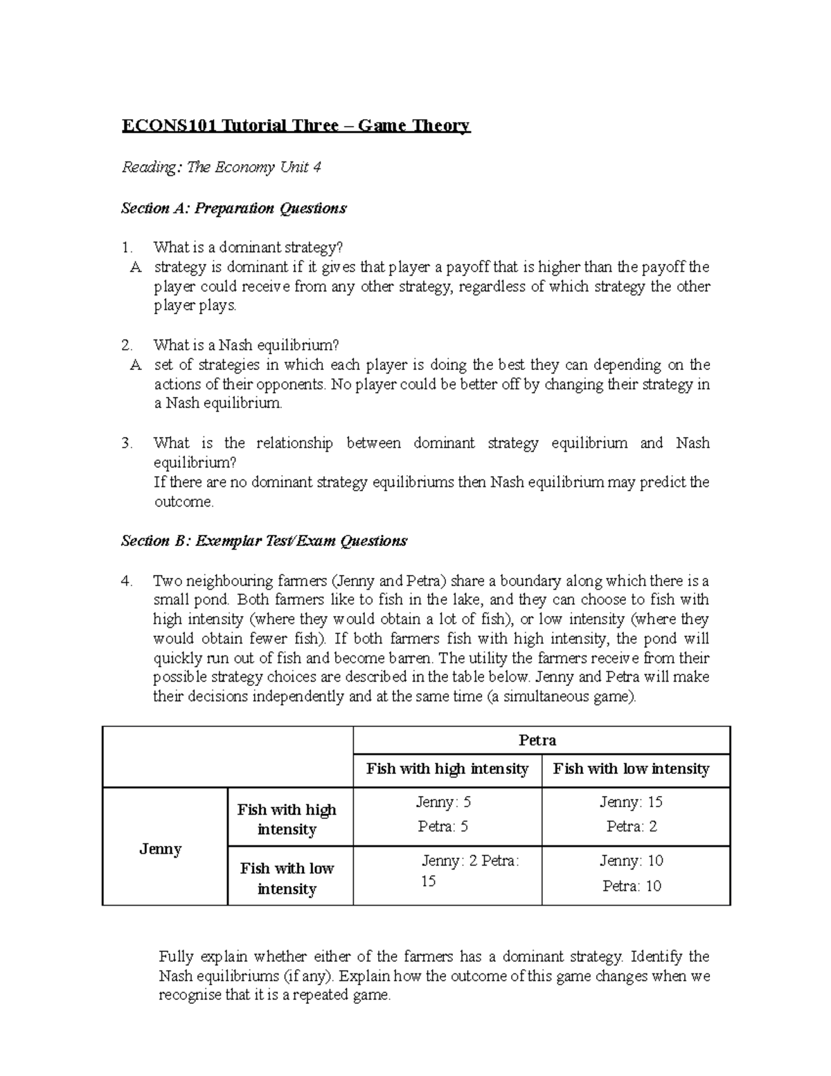 ECONS101 Tutorial 3 – Understanding Game Theory Concepts and ...
