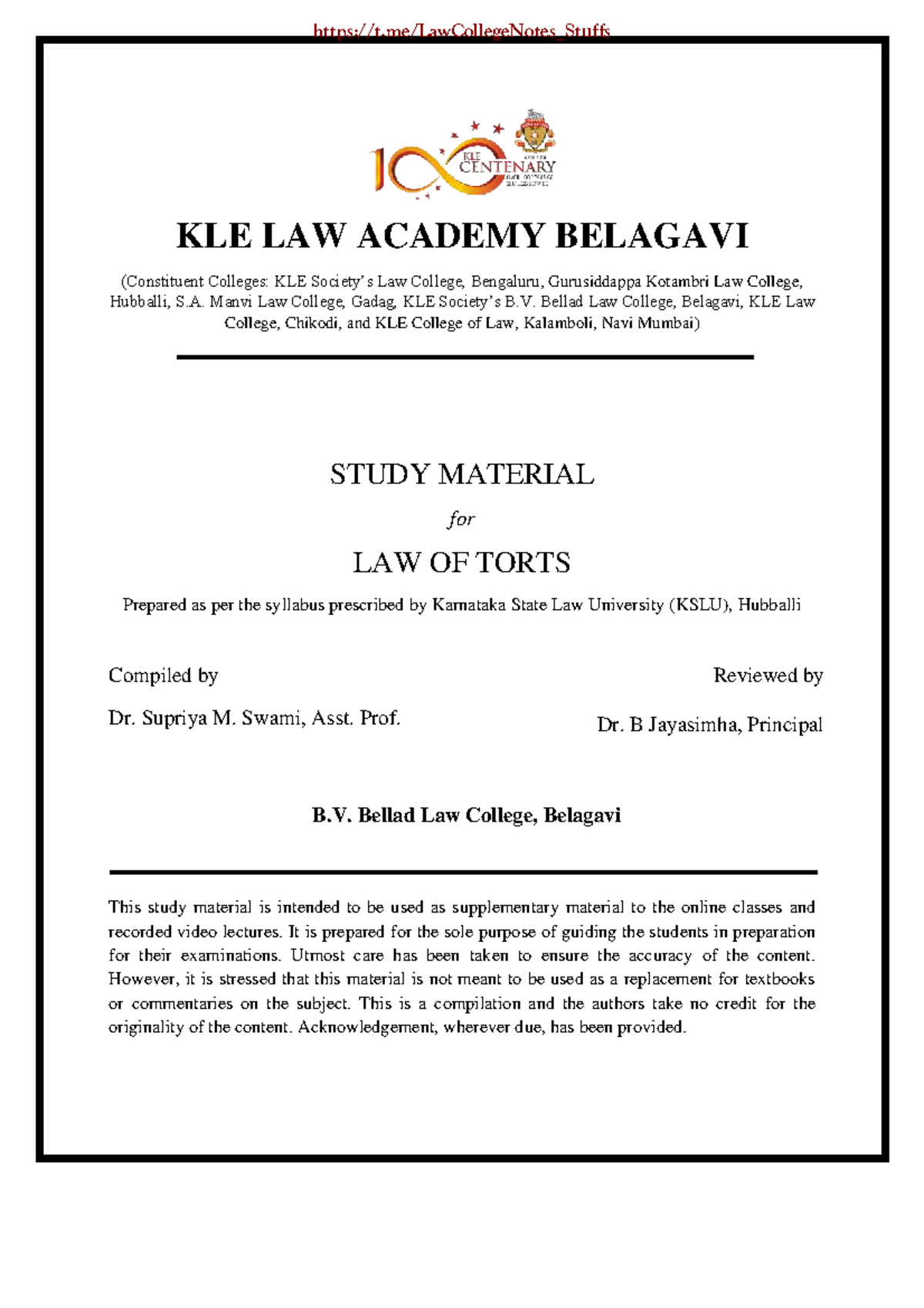 KLE LAW ACADEMY BELAGAVI: Study Material for Law of Torts (KSLU) - Studocu