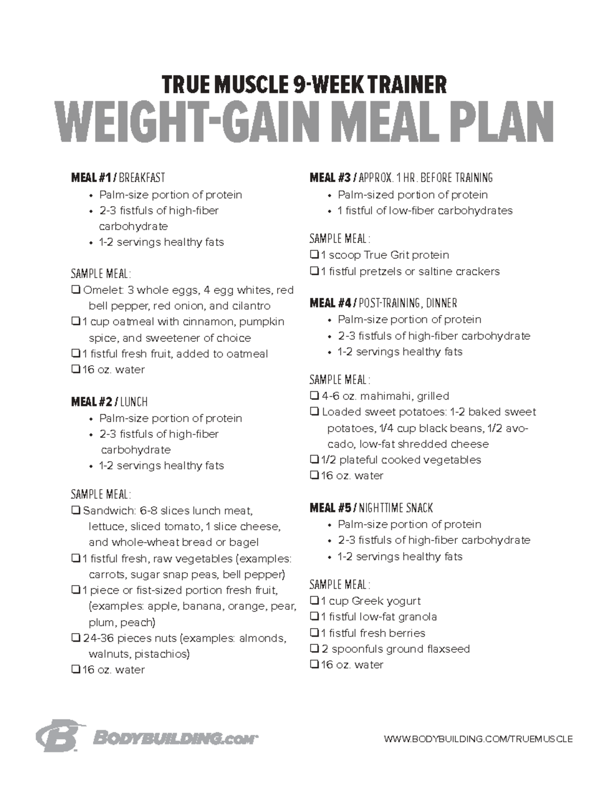 TRUE MUSCLE TRAINER WEIGHT GAIN MEAL PLAN: SAMPLE MENUS - Studocu