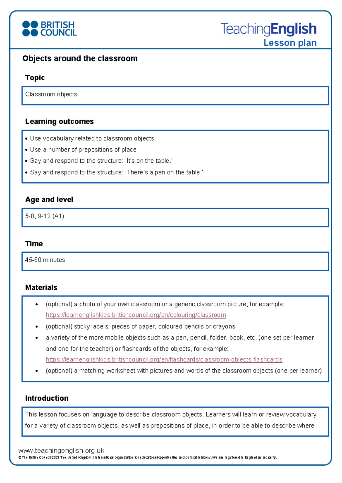 Objects Around the Classroom Lesson Plan (A1) - Studocu