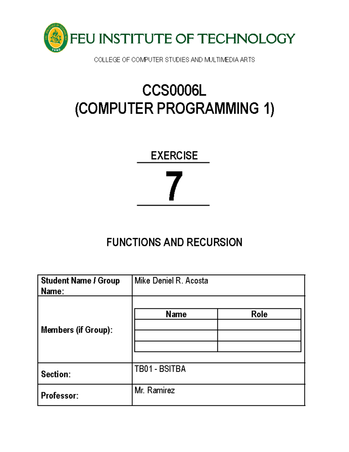 CCS0006L - Functions and Recursion: Exercise 7 Guide - Studocu