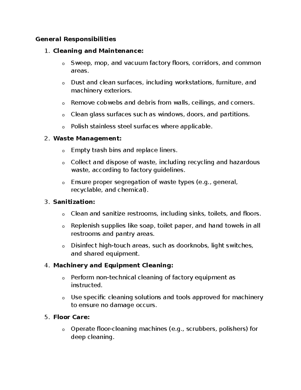 Cleaner Job responsibilities - General Responsibilities 1. Cleaning and ...