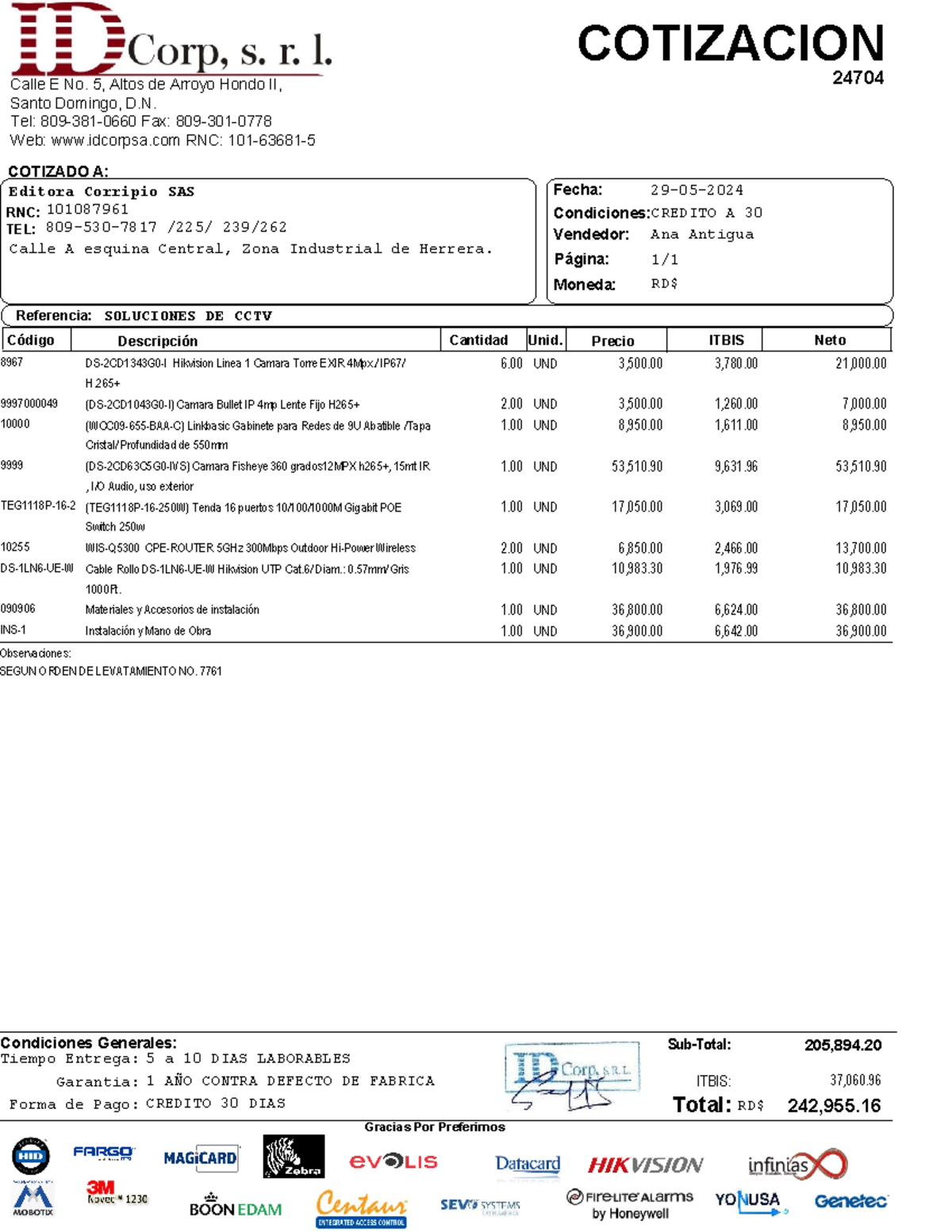 24704 - Ensayo - Página: 1/ Código Cantidad Precio Neto Vendedor: 24704 ...